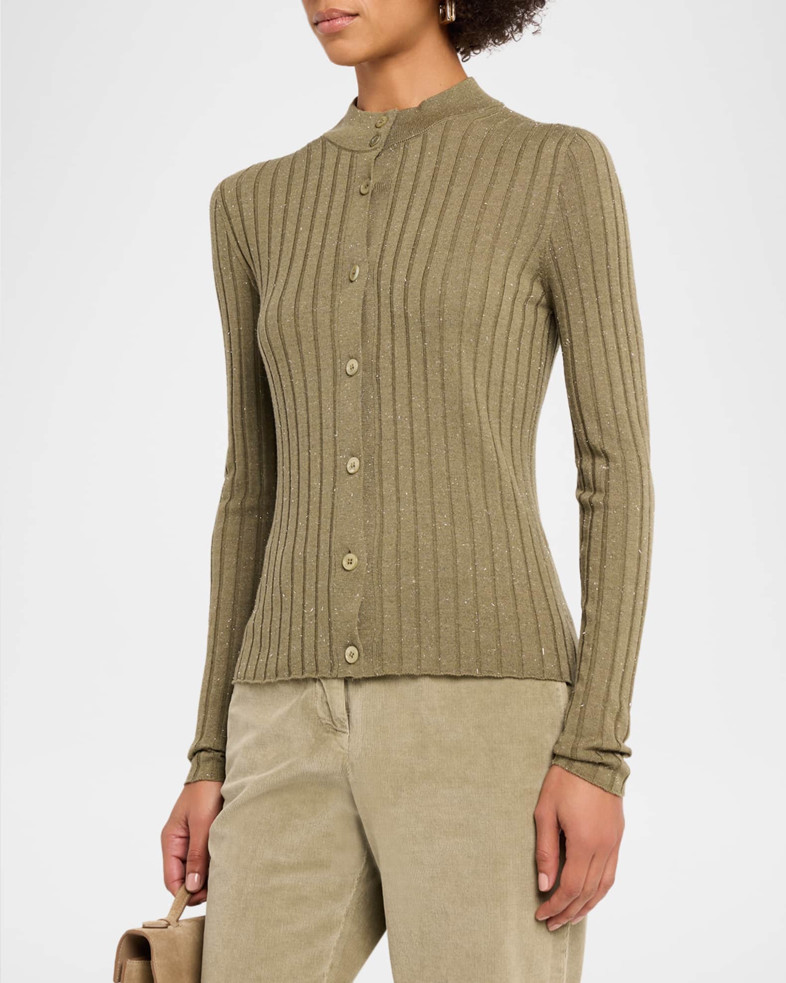Peserico Button-Down Shimmer Rib Knit Sweater | Neiman Marcus