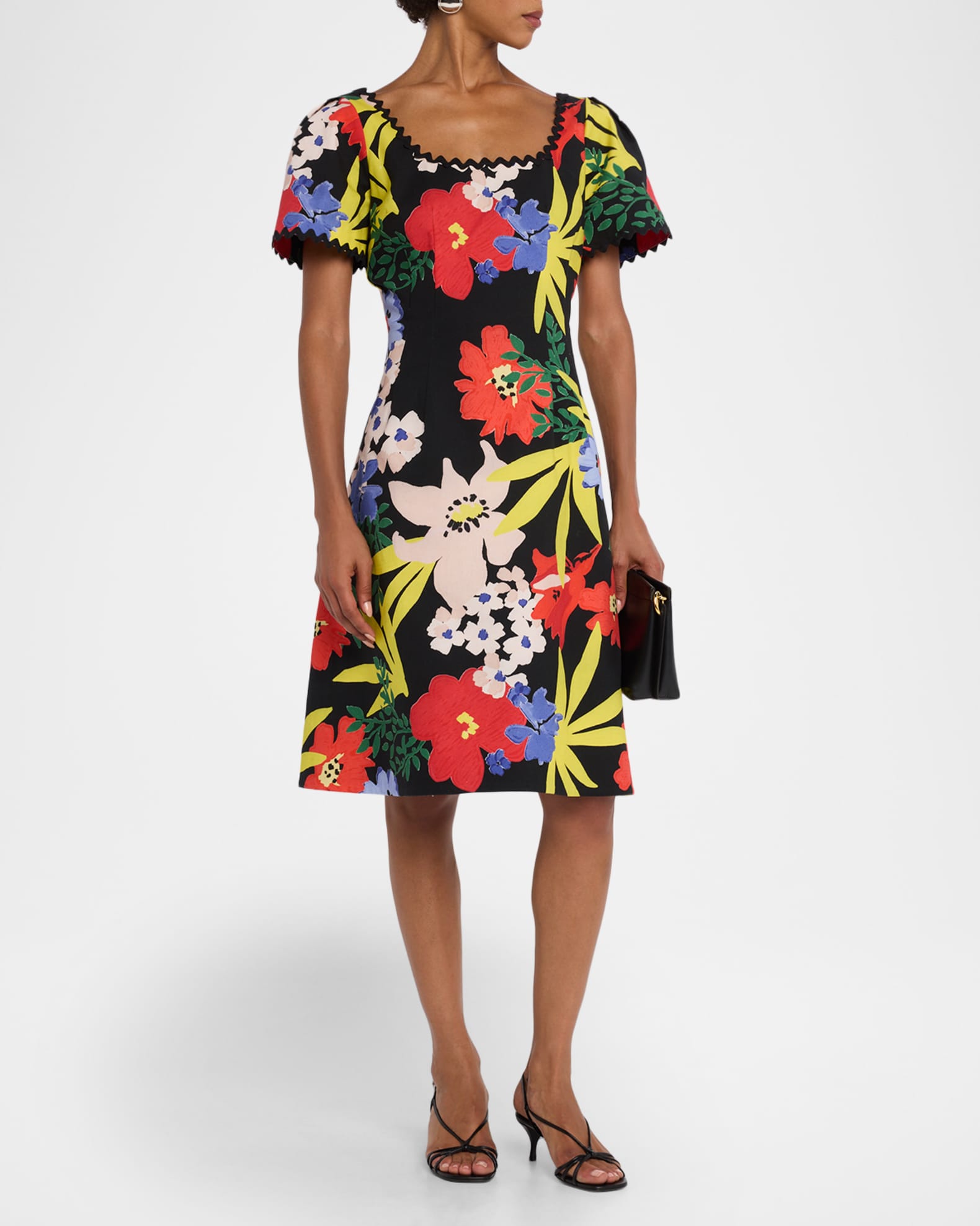 Rickie Freeman for Teri Jon Floral-Print Ric Rac Dress | Neiman Marcus