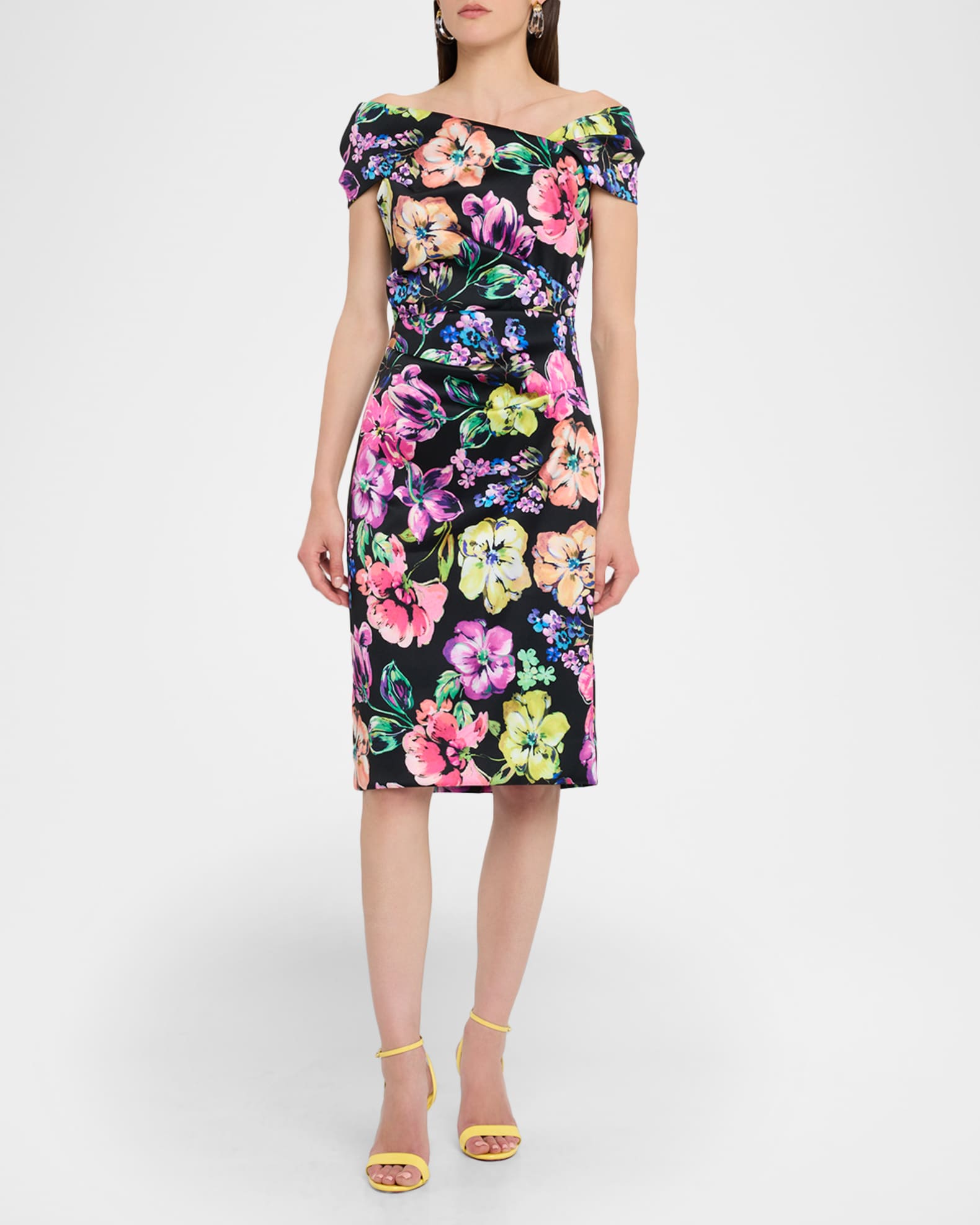 Rickie Freeman for Teri Jon Pleated Floral-Print Stretch Gazar Dress ...