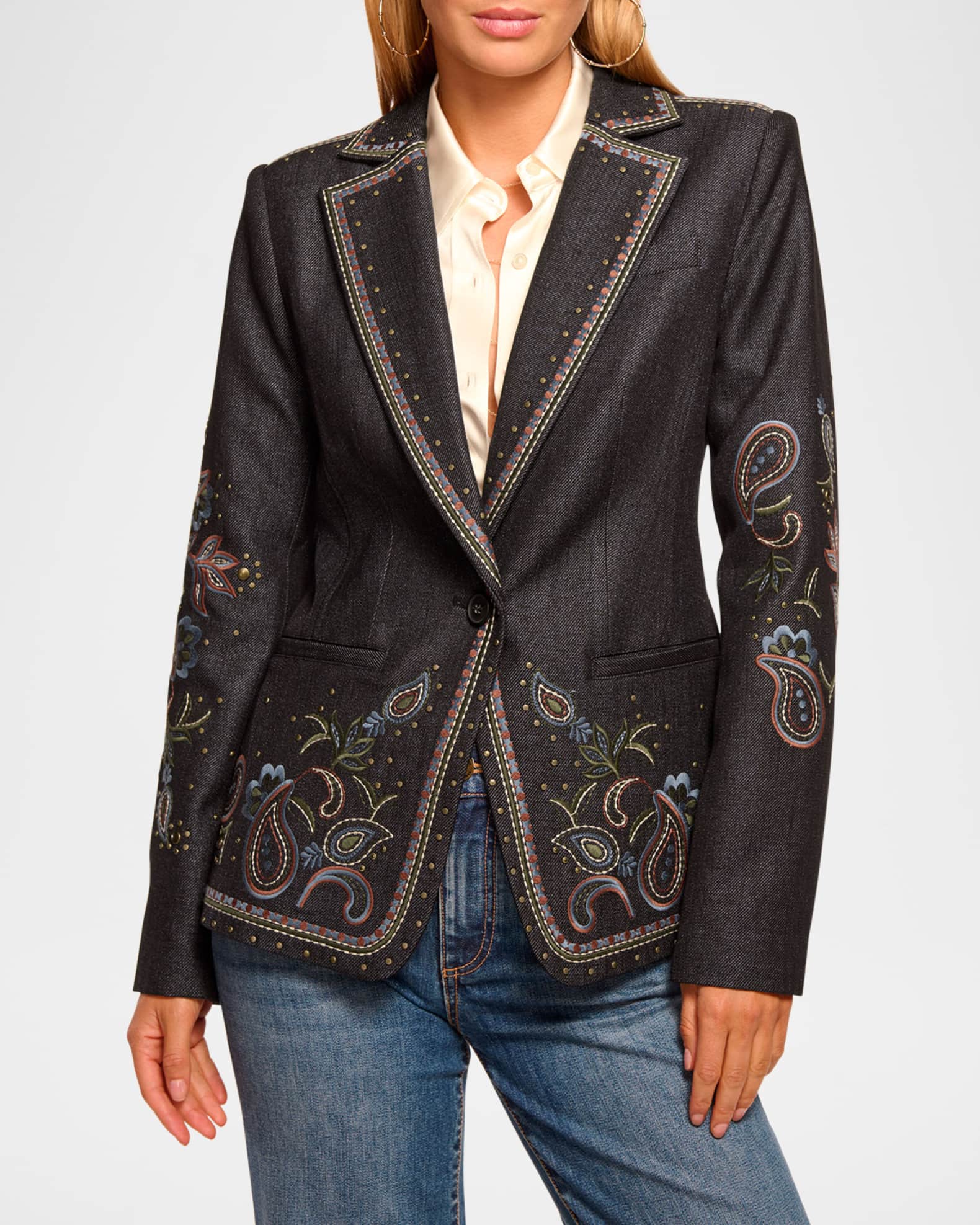 Ramy Brook Laura Embroidered Denim Blazer | Neiman Marcus