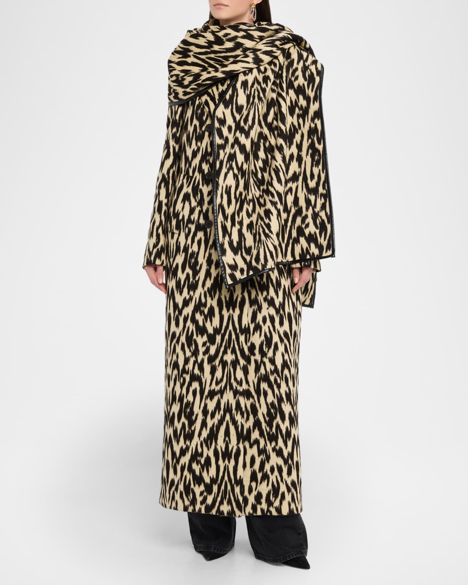 Brandon Maxwell Demi Ocelot-Print Double-Breasted Long Coat With Scarf ...