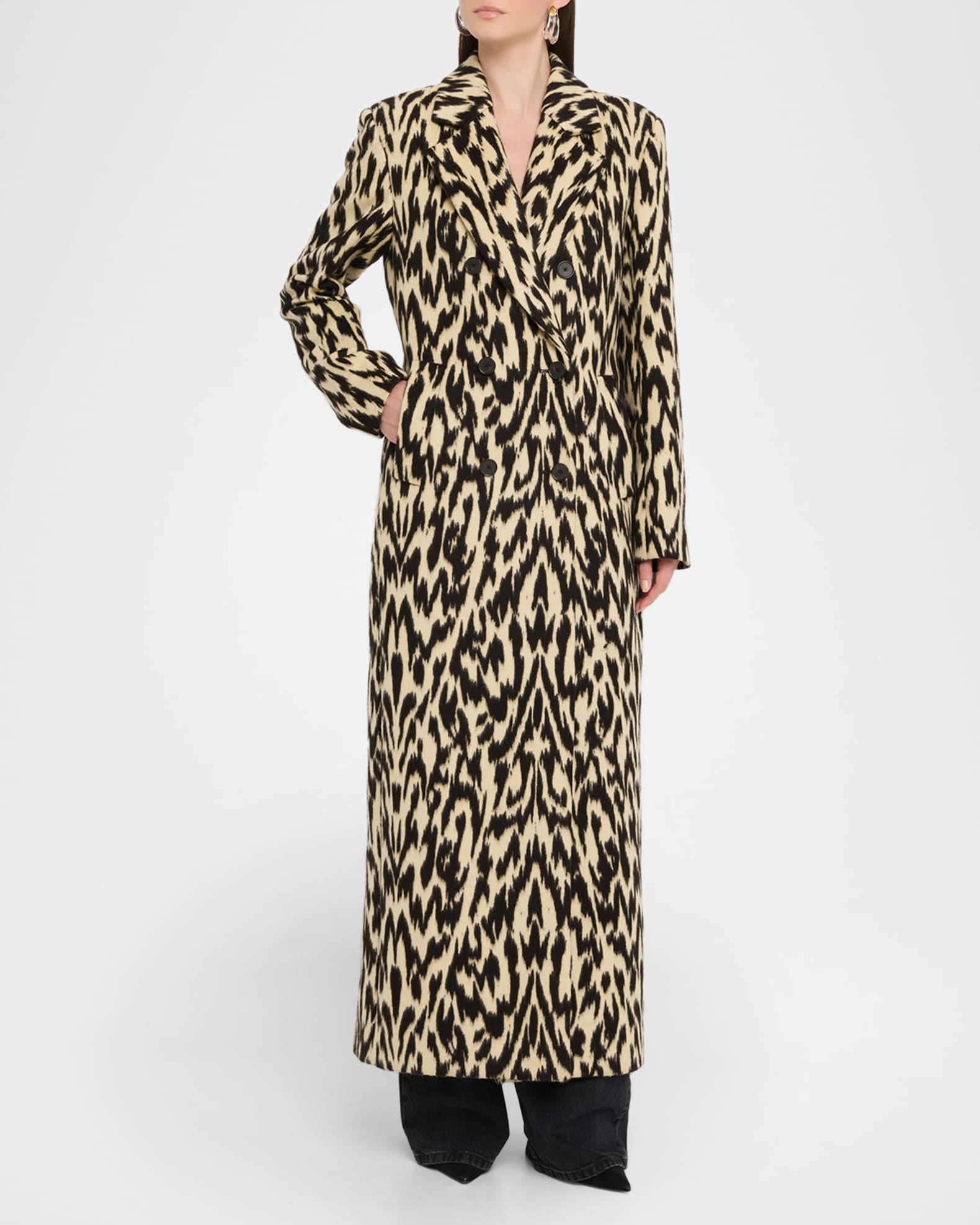 Brandon Maxwell Demi Ocelot-Print Double-Breasted Long Coat With Scarf ...