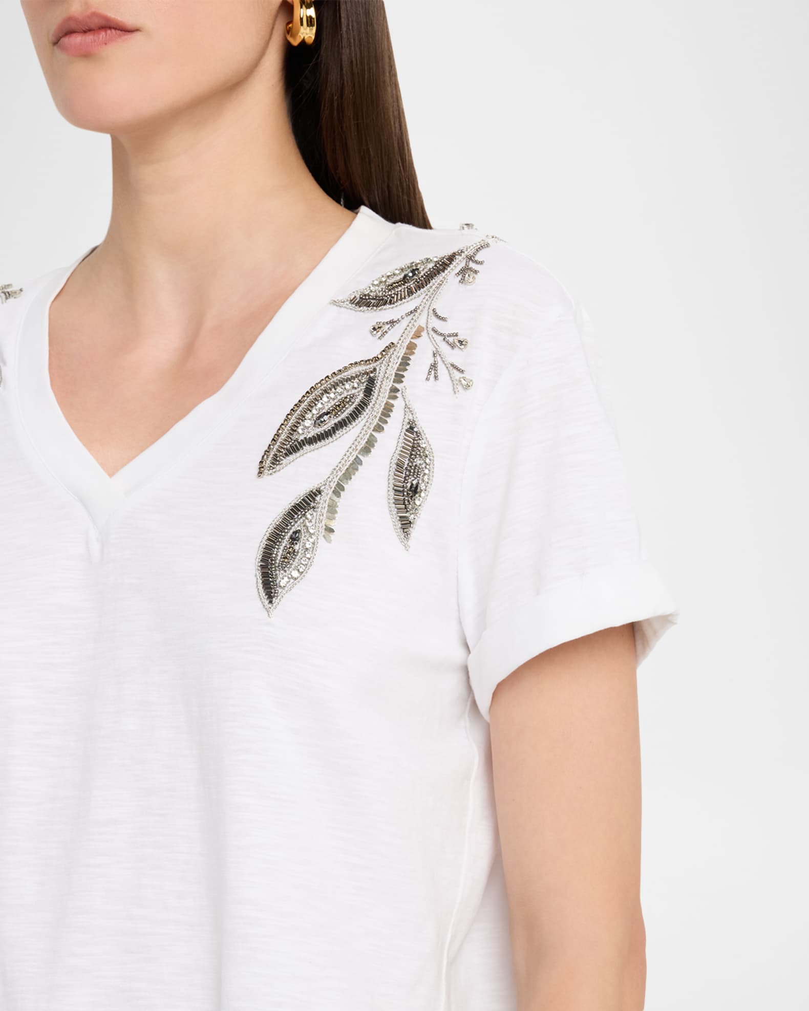 Cinq a Sept Bree V-Neck Beaded Paisley Tee | Neiman Marcus