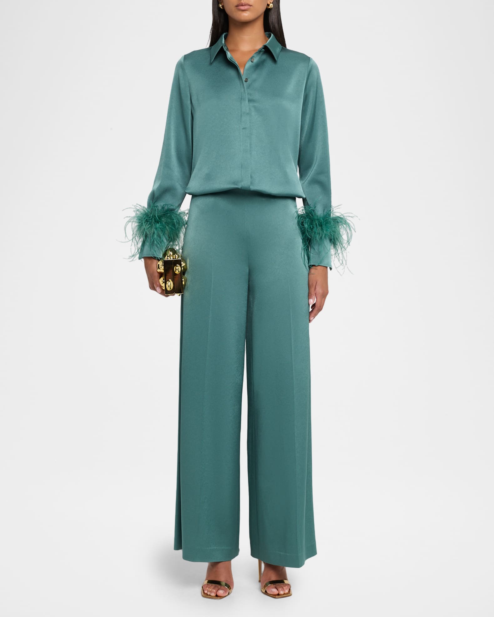 Ungaro Luna Feather-Cuff Satin Blouse | Neiman Marcus