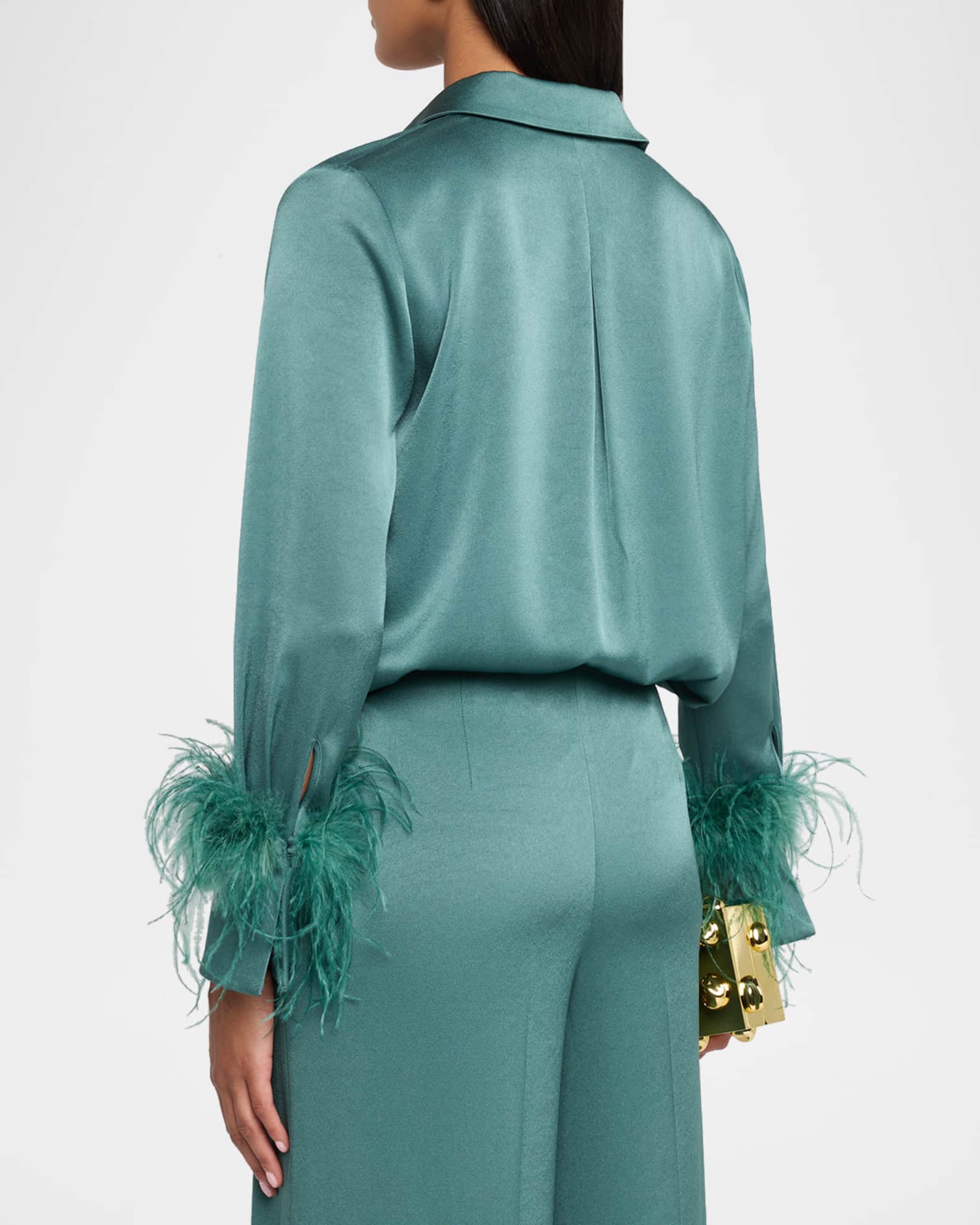 Ungaro Luna Feather-Cuff Satin Blouse | Neiman Marcus