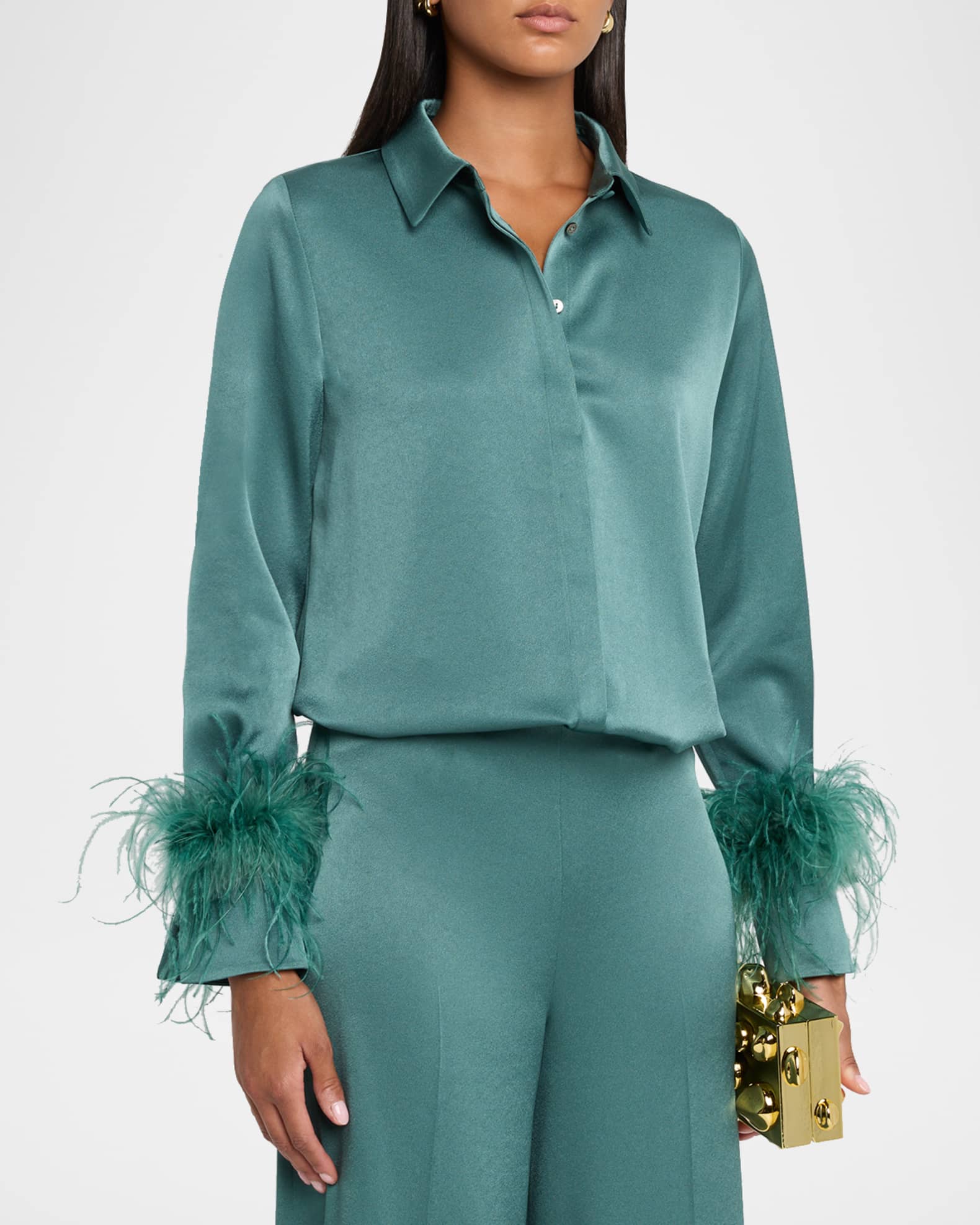 Ungaro Luna Feather-Cuff Satin Blouse | Neiman Marcus