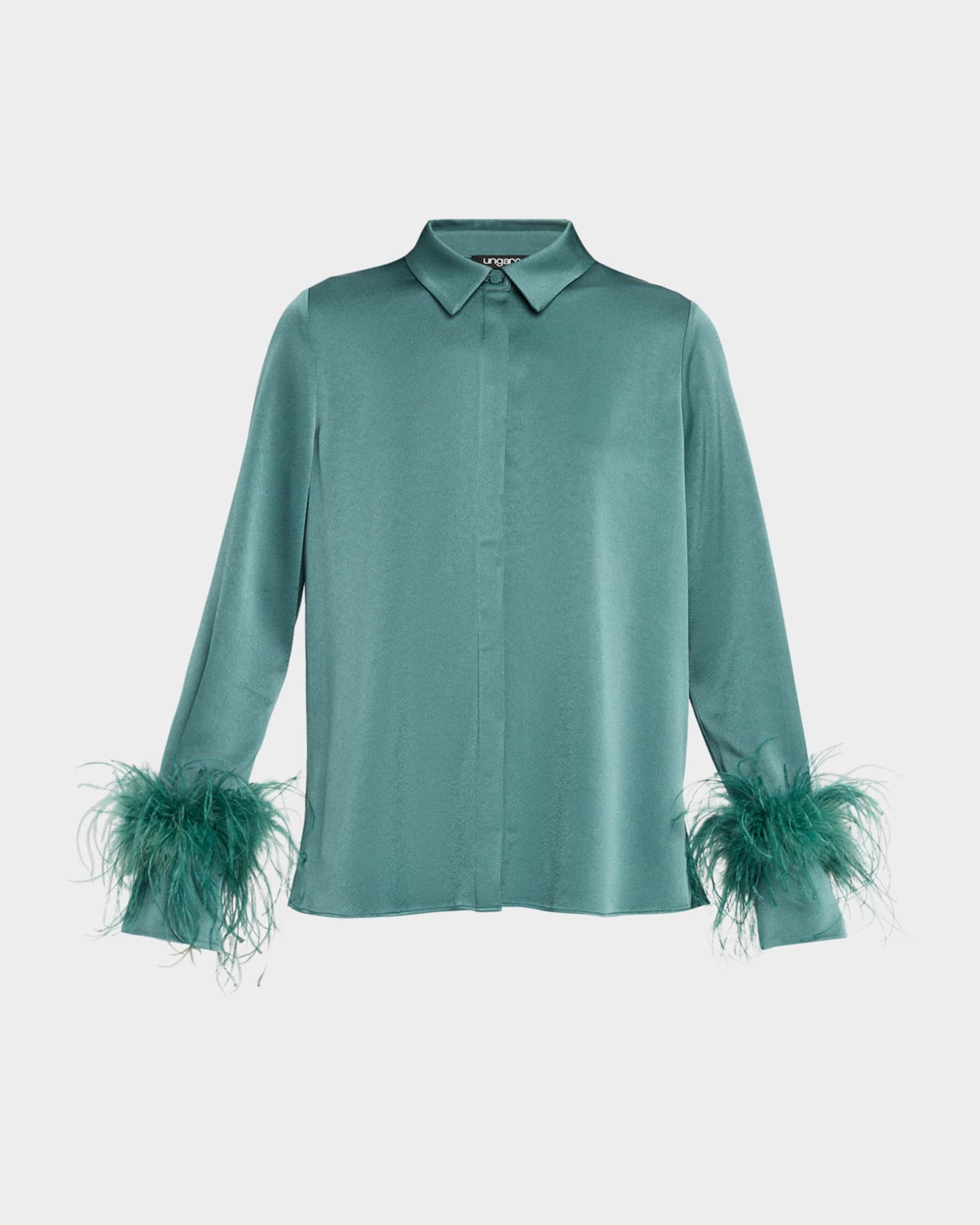 Ungaro Luna Feather-Cuff Satin Blouse | Neiman Marcus