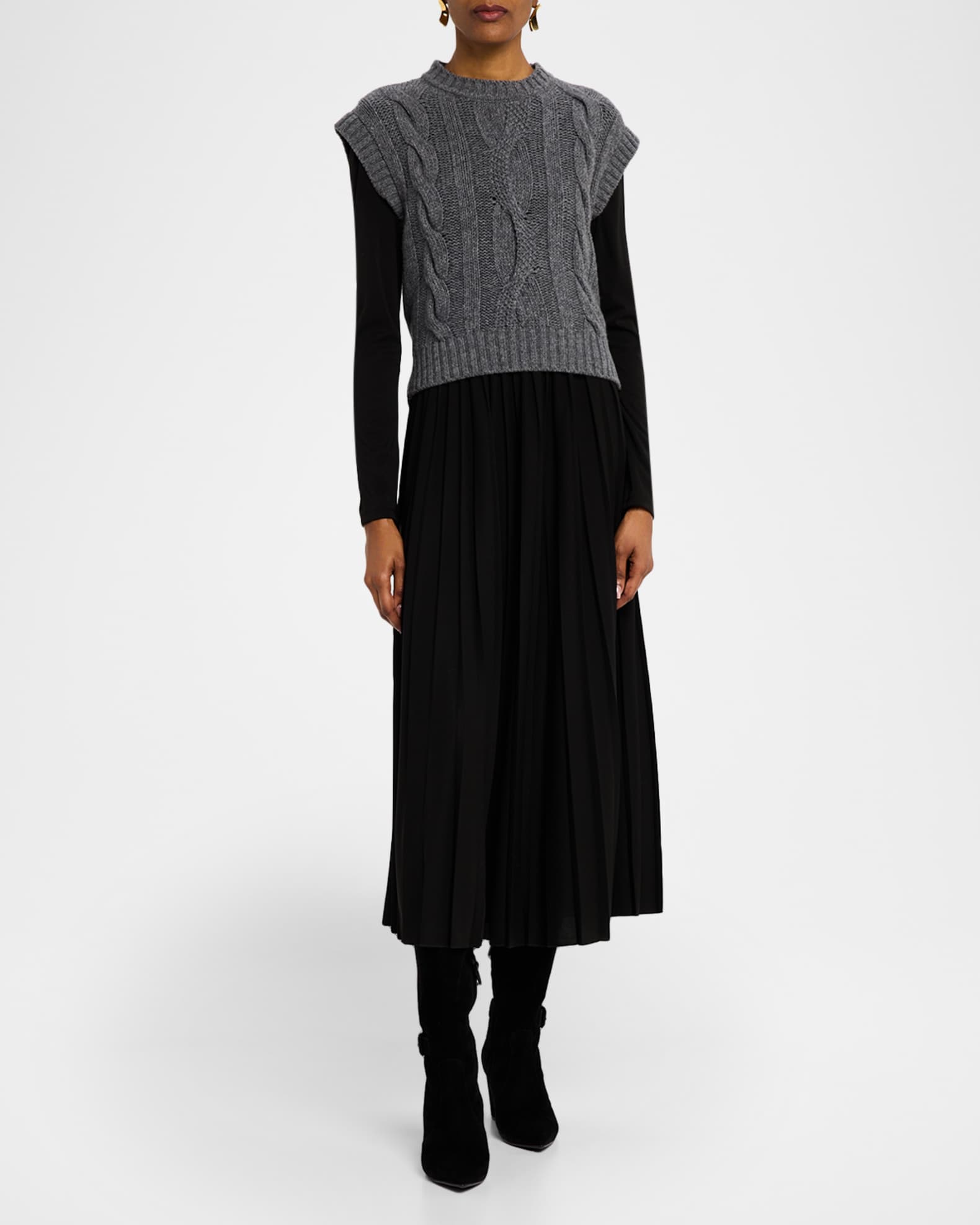 Weekend Max Mara Cable-Knit Vest & Pleated Jersey Midi Dress | Neiman ...