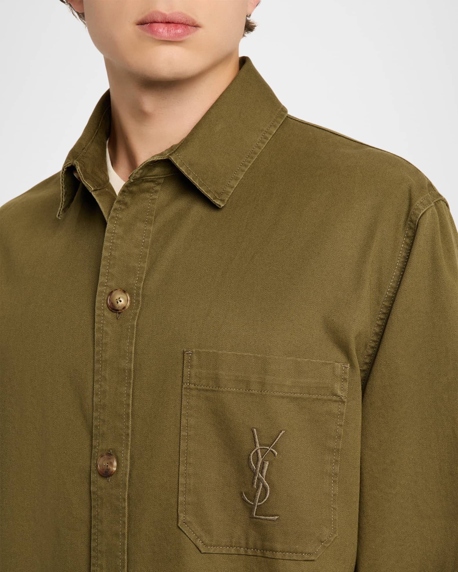 Saint Laurent Men's Denim YSL Pocket Overshirt | Neiman Marcus