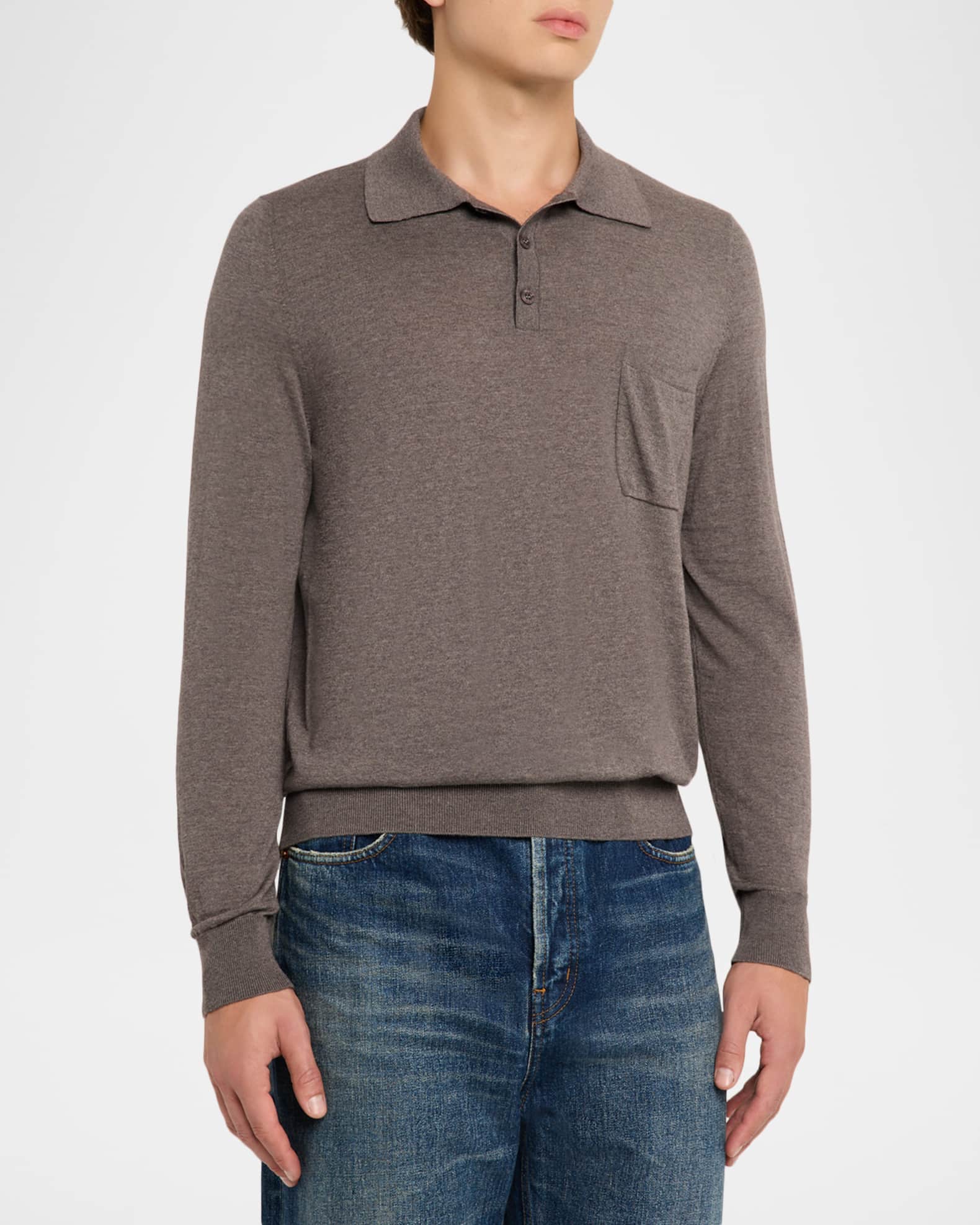 Saint Laurent Men's Fine Wool Knit Pocket Polo Sweater | Neiman Marcus