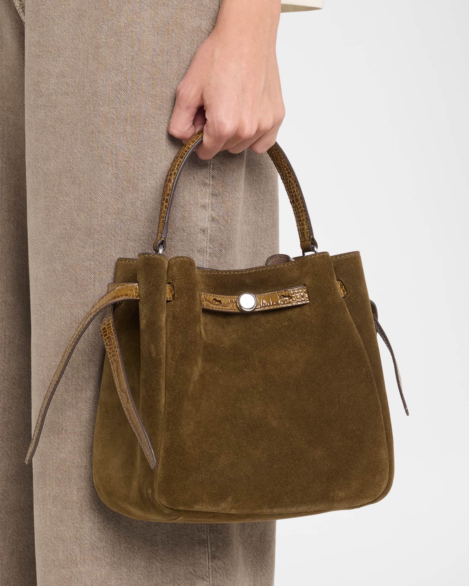 Tory Burch Romy Suede Belted Bucket Bag | Neiman Marcus
