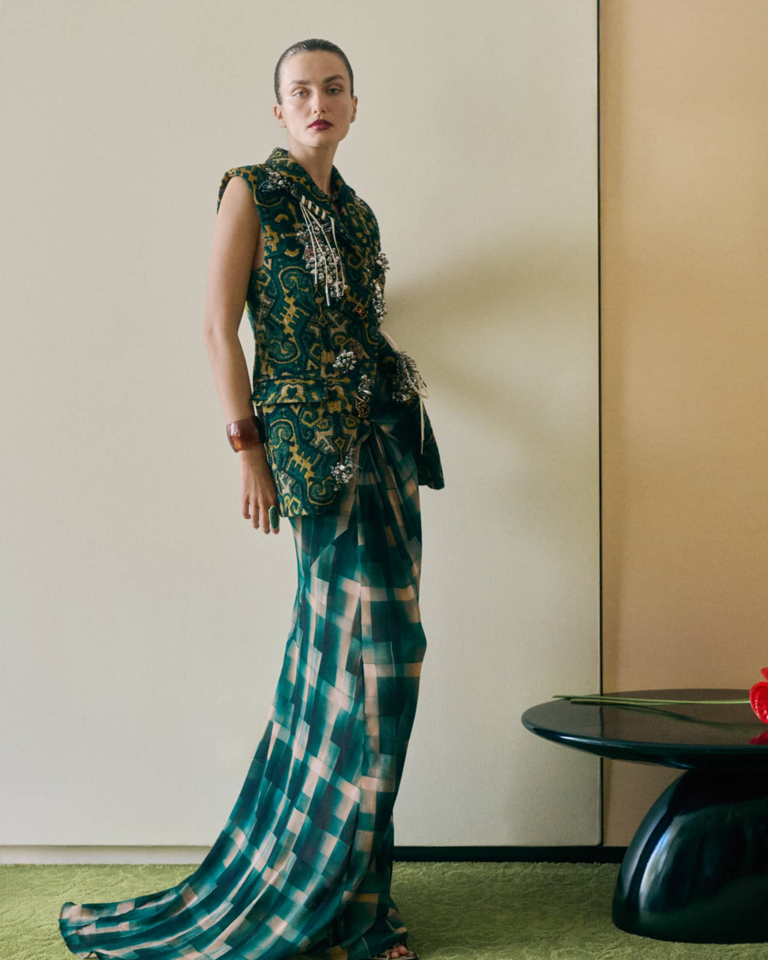 Dries Van Noten Smila Check Twisted Maxi Skirt | Neiman Marcus