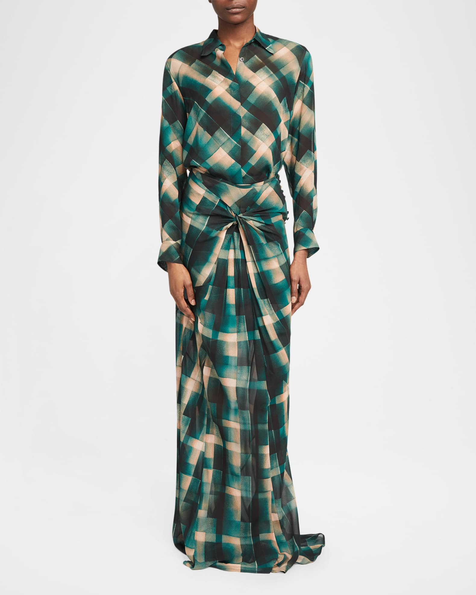 Dries Van Noten Smila Check Twisted Maxi Skirt | Neiman Marcus