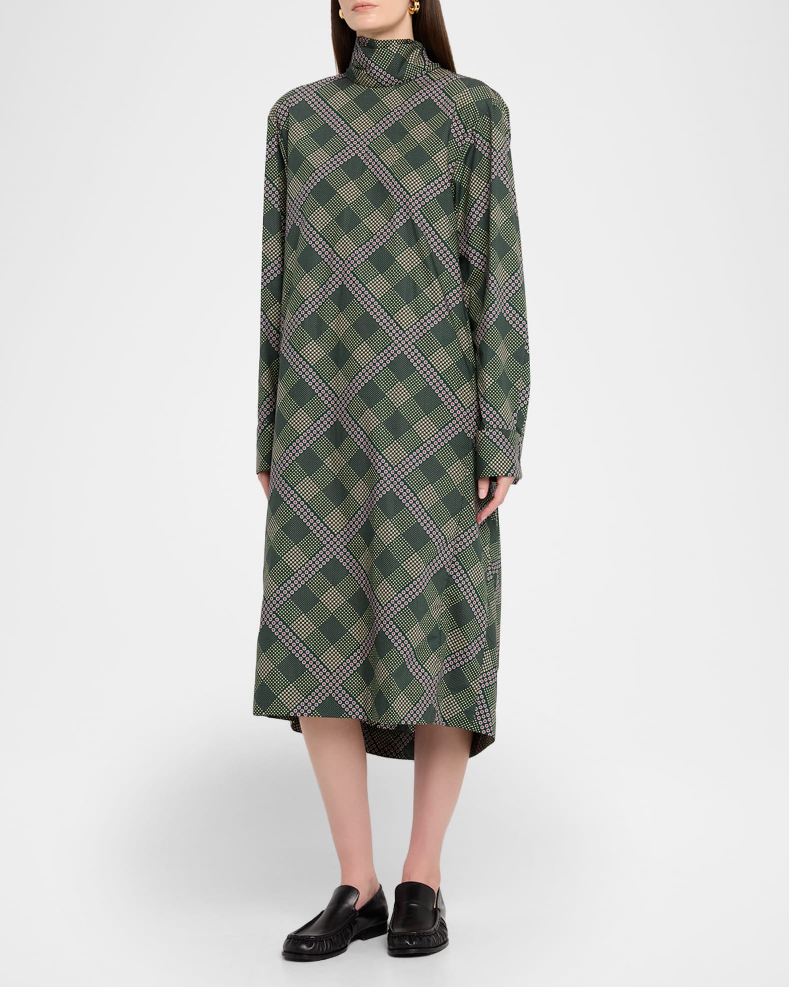 Dries Van Noten Doddy Scarf-Neck Check-Print Midi Dress | Neiman Marcus