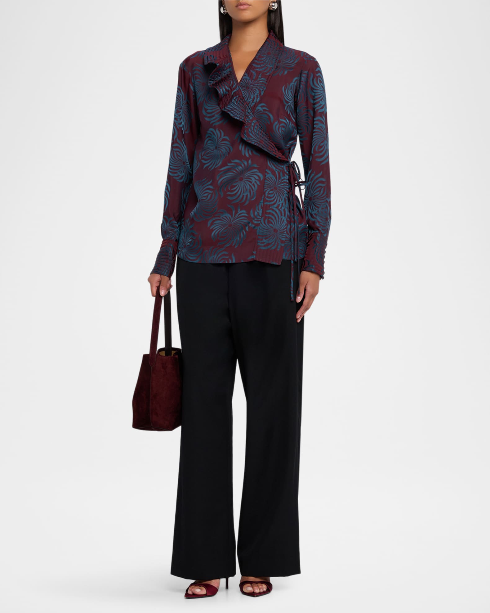 Dries Van Noten Calberton Printed Ruffle Wrap Blouse | Neiman Marcus