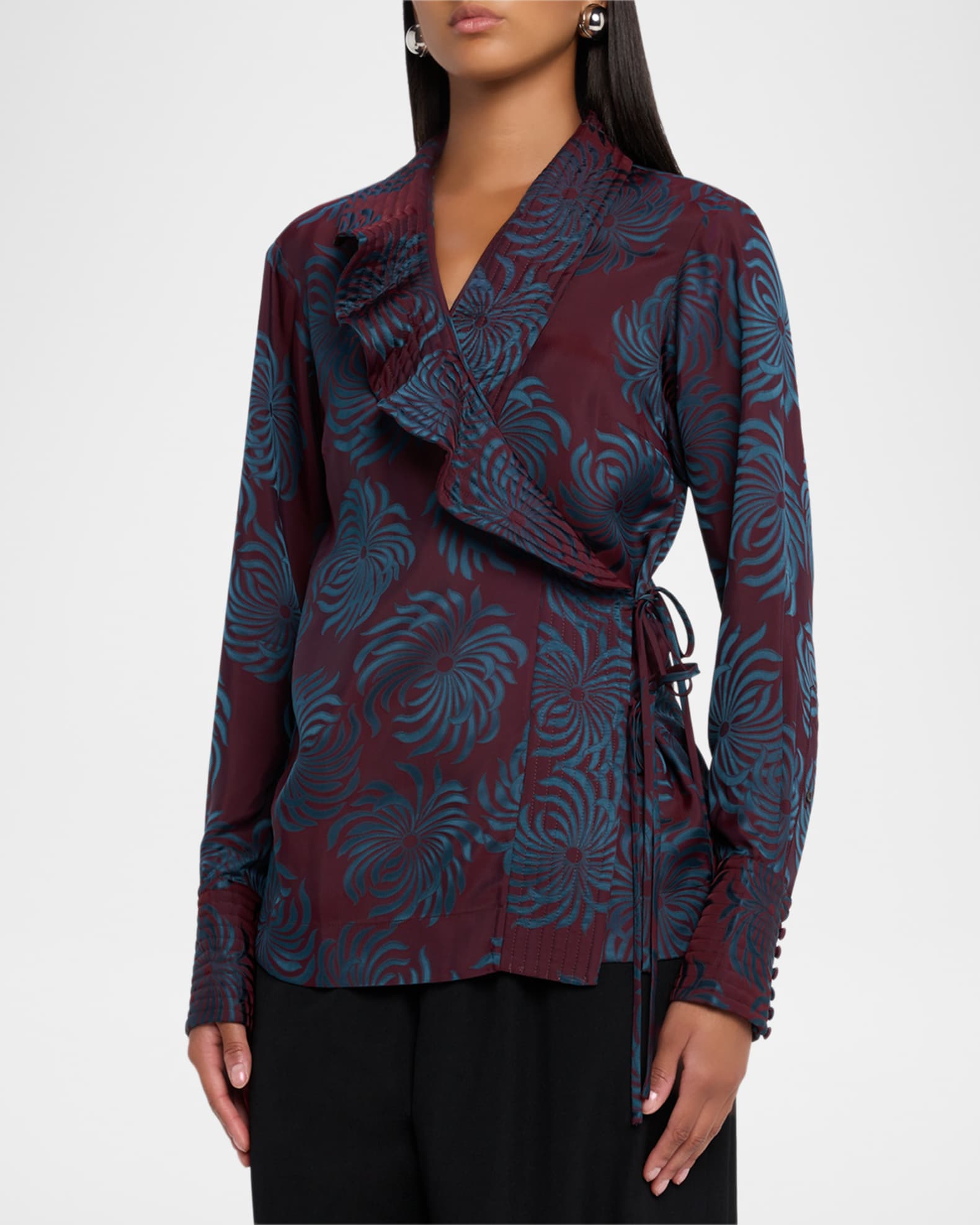 Dries Van Noten Calberton Printed Ruffle Wrap Blouse | Neiman Marcus