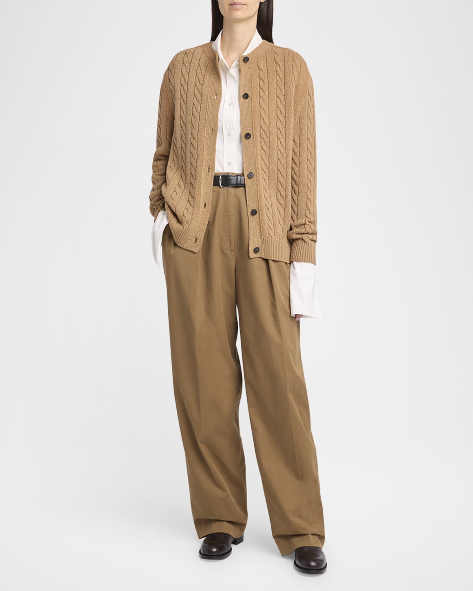 THE ROW Loneke Cable Knit Crewneck Cardigan | Neiman Marcus