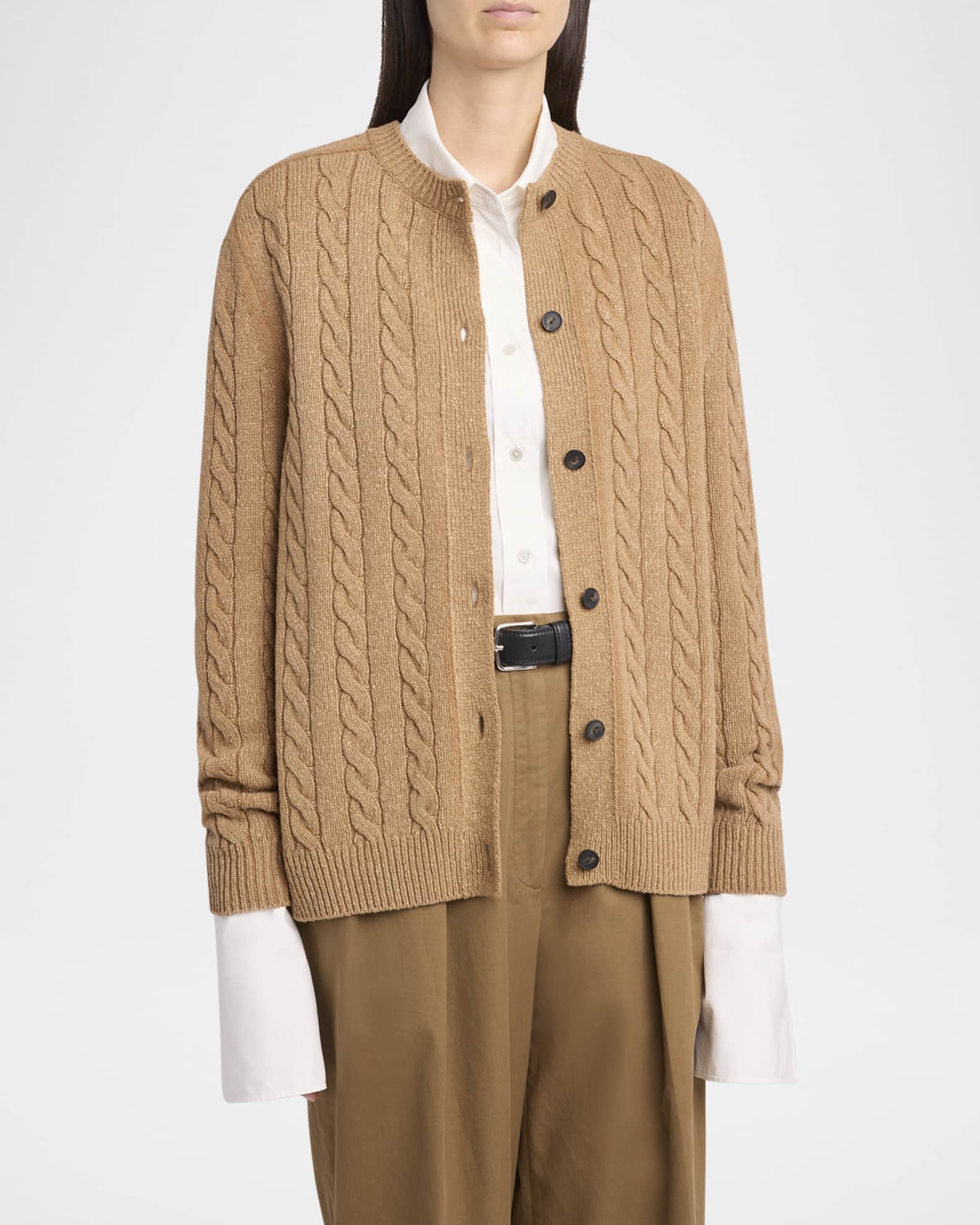 THE ROW Loneke Cable Knit Crewneck Cardigan | Neiman Marcus