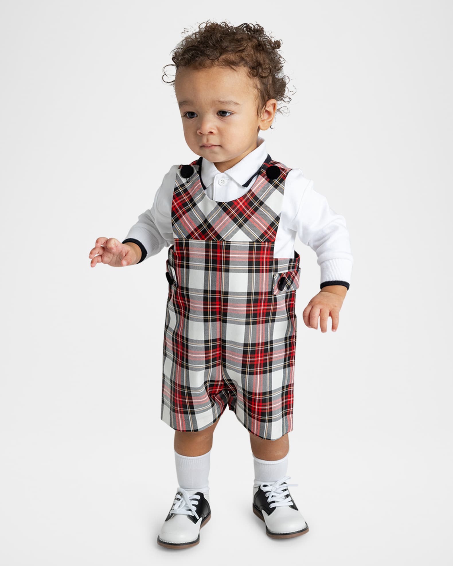 Florence Eiseman Boy's Plaid Shortall & Long-Sleeve Tipped Polo Shirt ...