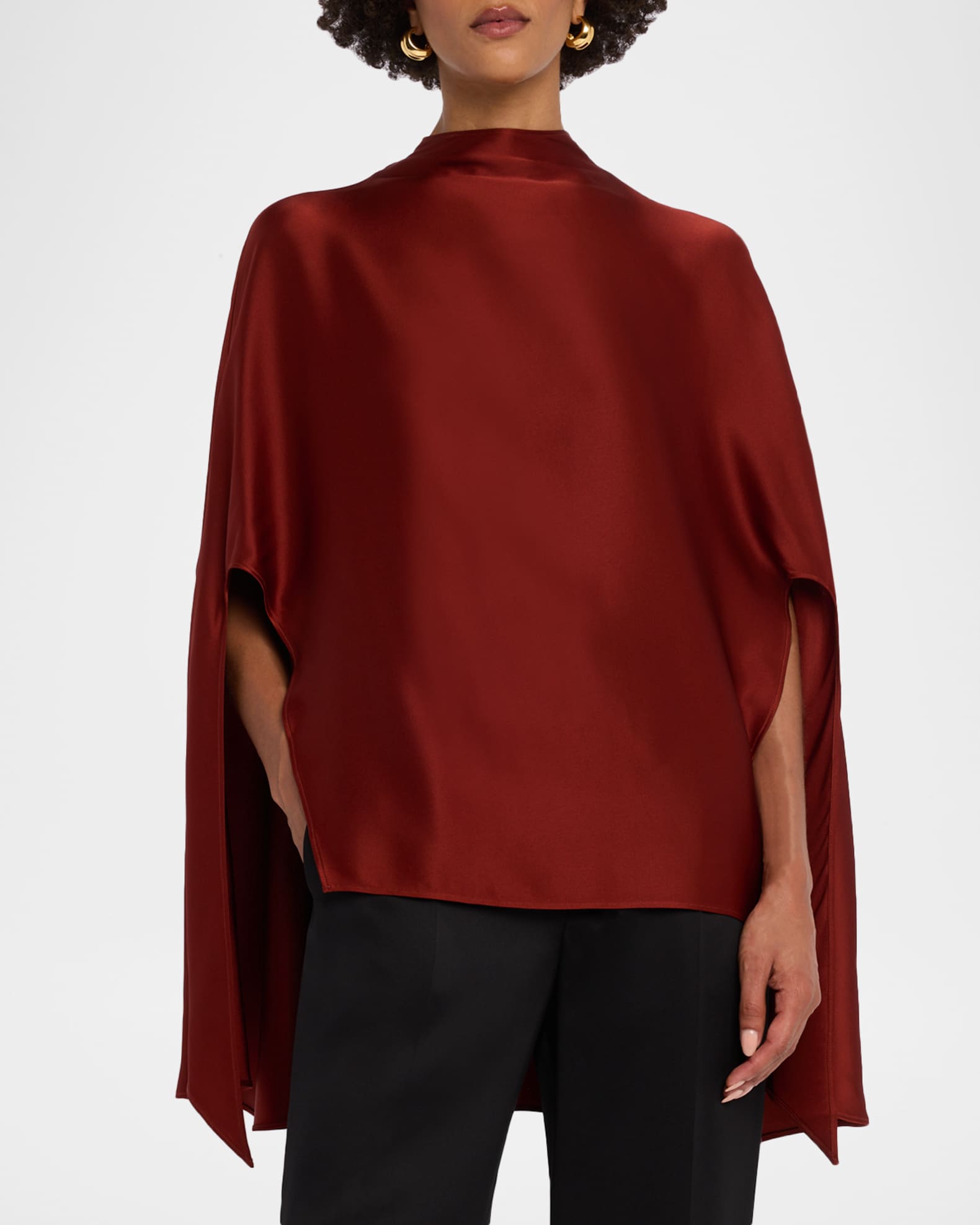 LAPOINTE Mock-Neck Satin Cape Top | Neiman Marcus