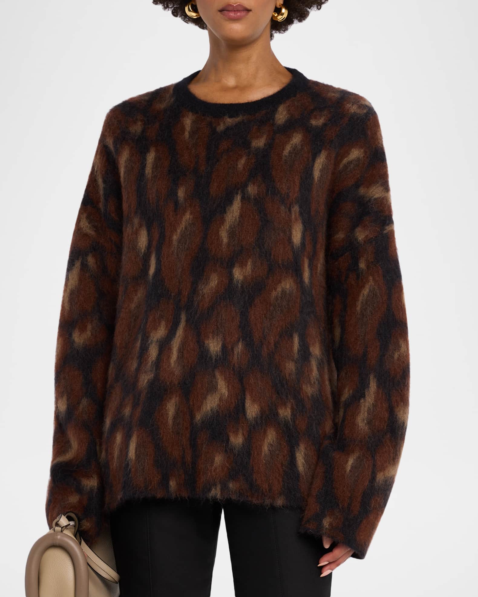 LAPOINTE Oversized Leopard Jacquard Crewneck Sweater | Neiman Marcus
