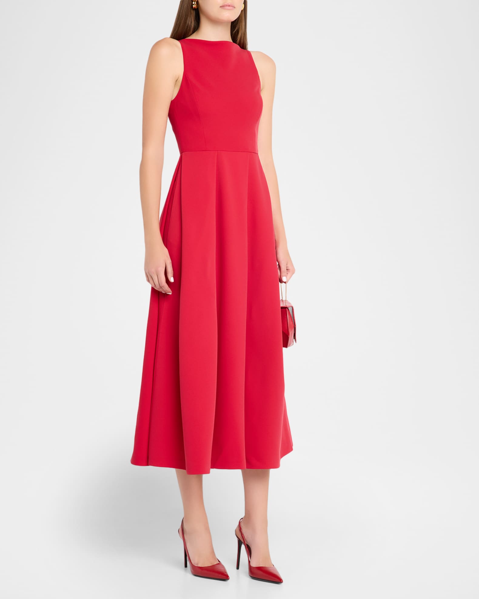Emporio Armani Sleeveless Pleated Techno Cady Midi Dress | Neiman Marcus