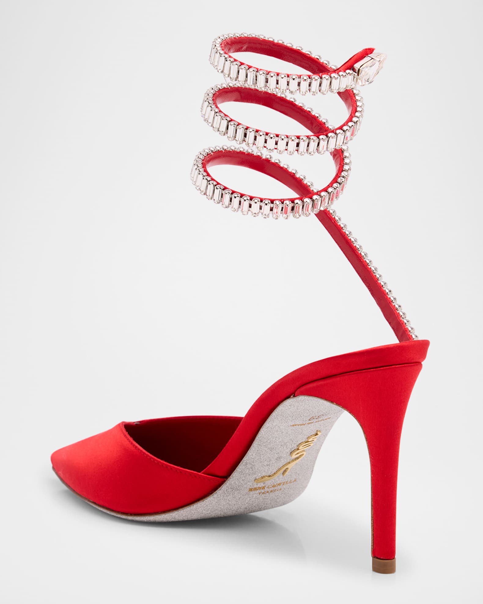 Rene Caovilla Snake Spiral-Wrap Strass Satin Pumps | Neiman Marcus