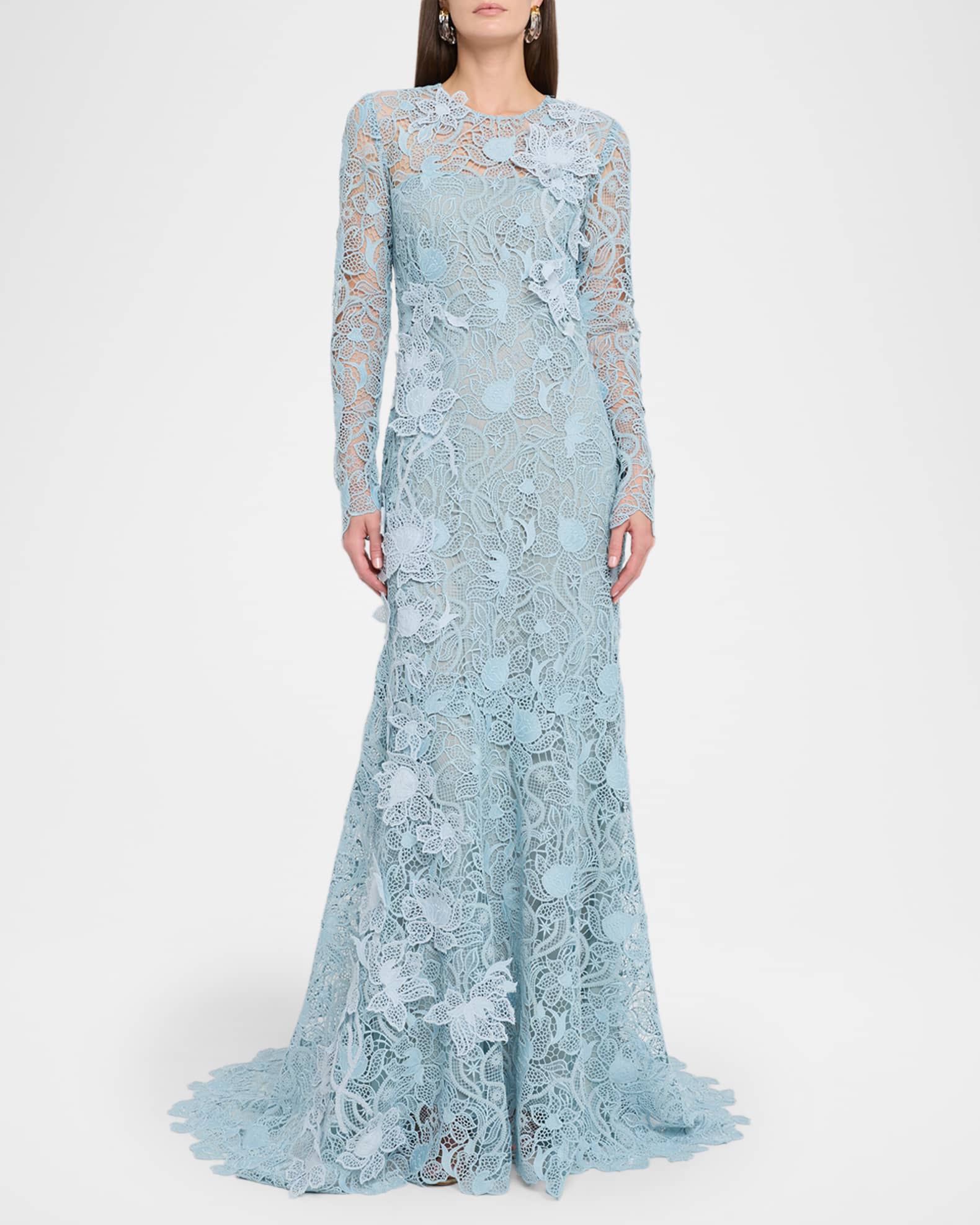 Oscar de la Renta Long-Sleeve Corded Botanical Guipure Gown | Neiman Marcus