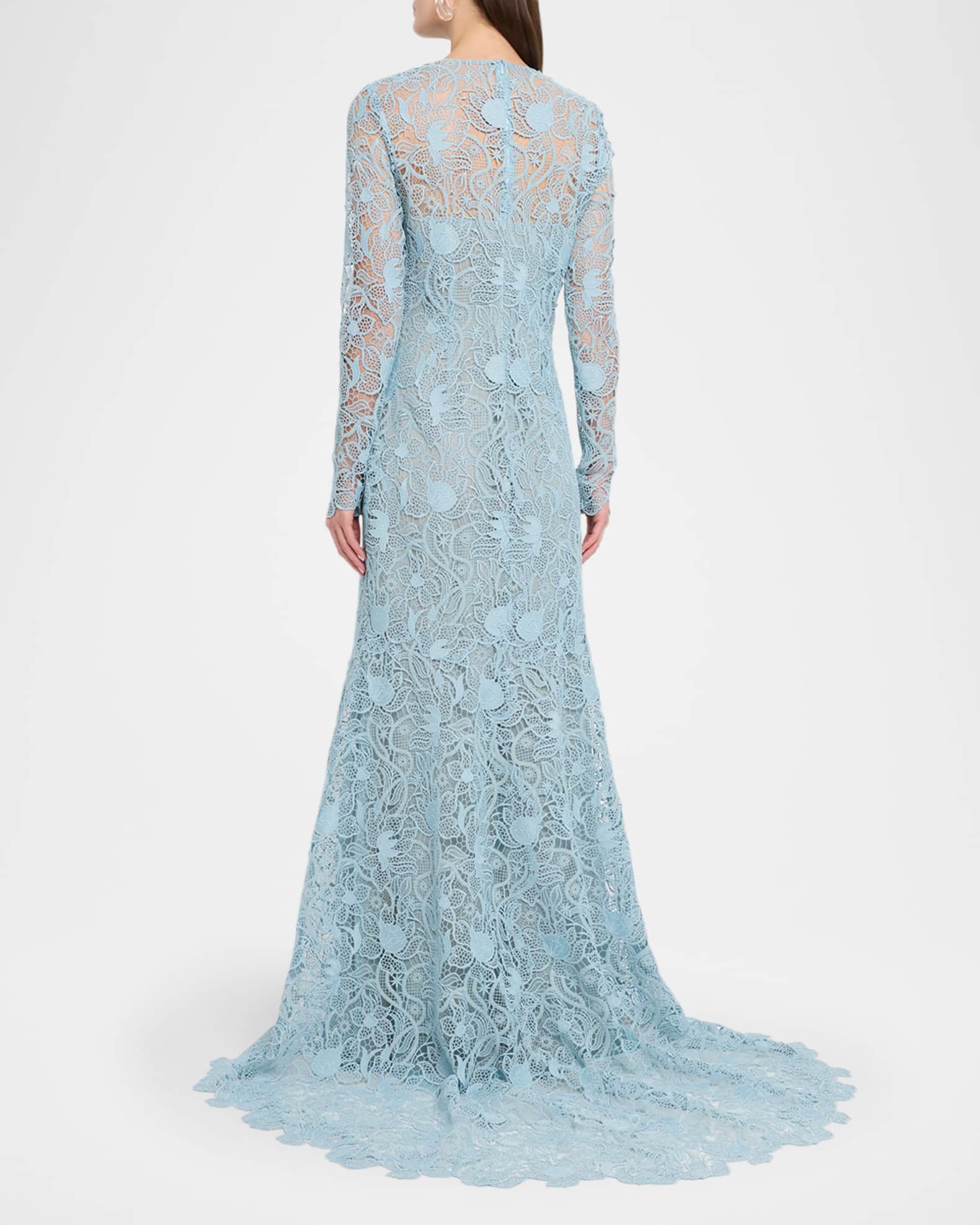 Oscar de la Renta Long-Sleeve Corded Botanical Guipure Gown | Neiman Marcus