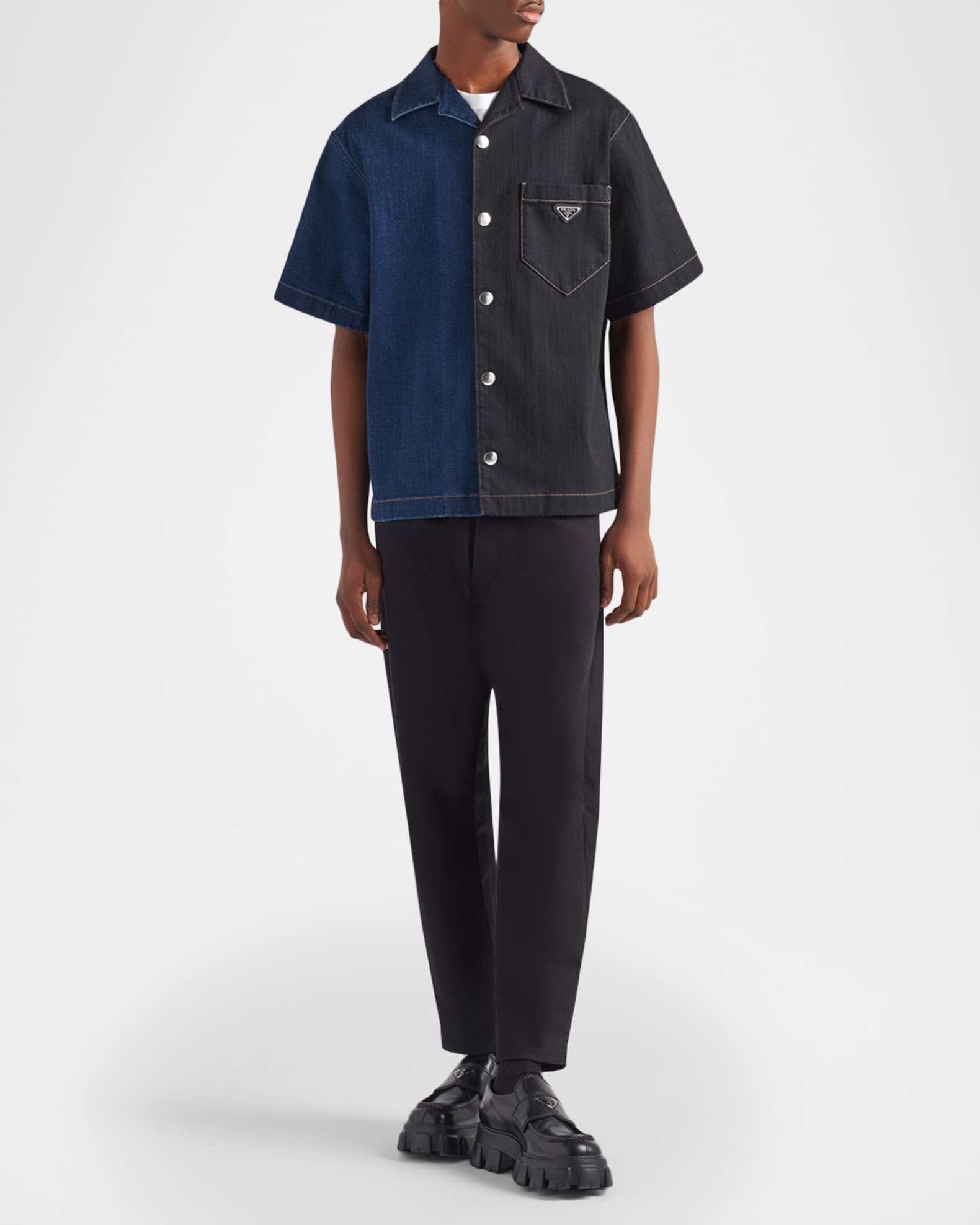Prada Men's Double Match Denim Bowling Shirt | Neiman Marcus