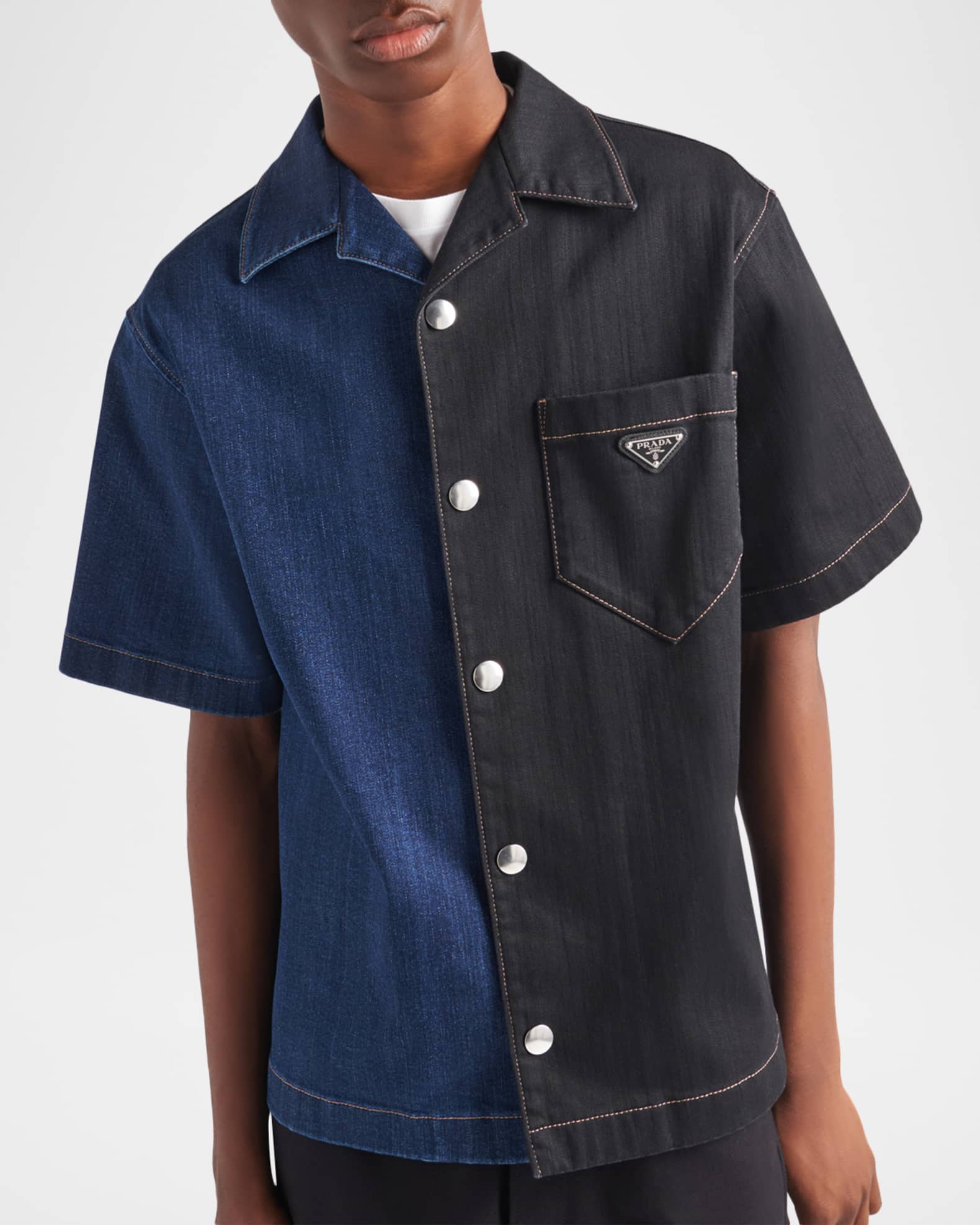 Prada Men's Double Match Denim Bowling Shirt | Neiman Marcus