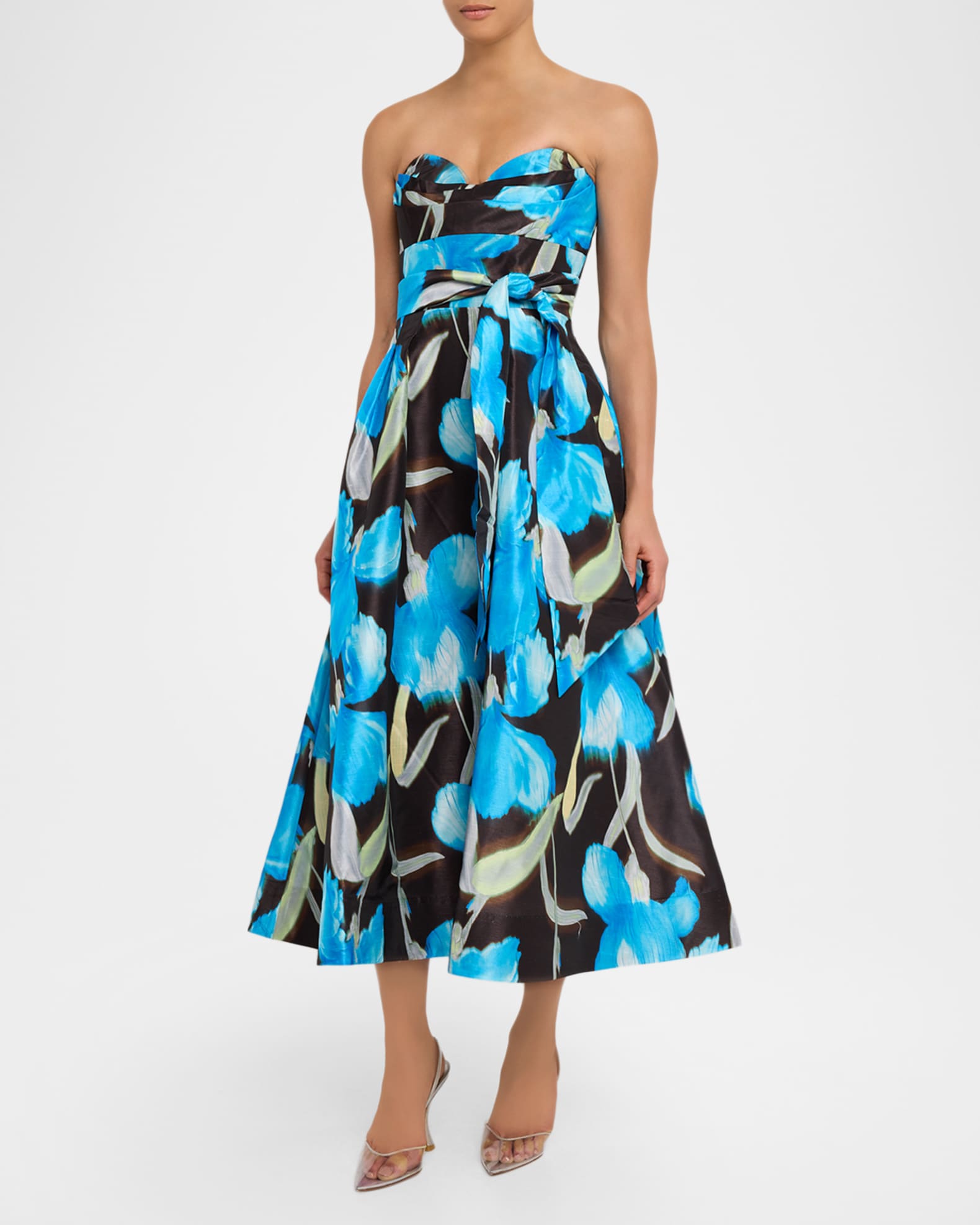 REBECCA VALLANCE Ingrid Strapless Floral-Print Midi Dress | Neiman Marcus