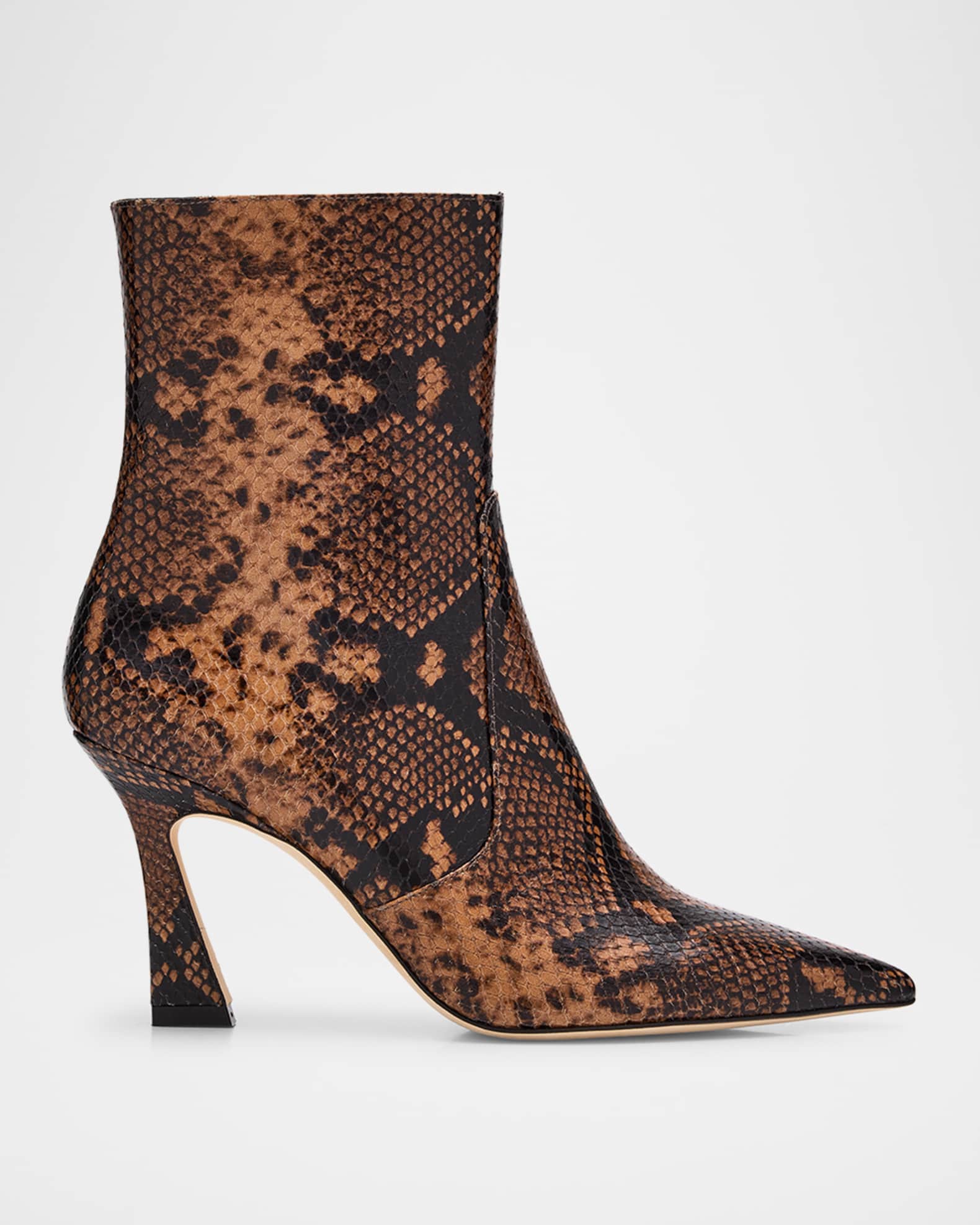 Stuart Weitzman 85mm Vinnie Snake-Printed Leather Booties | Neiman Marcus