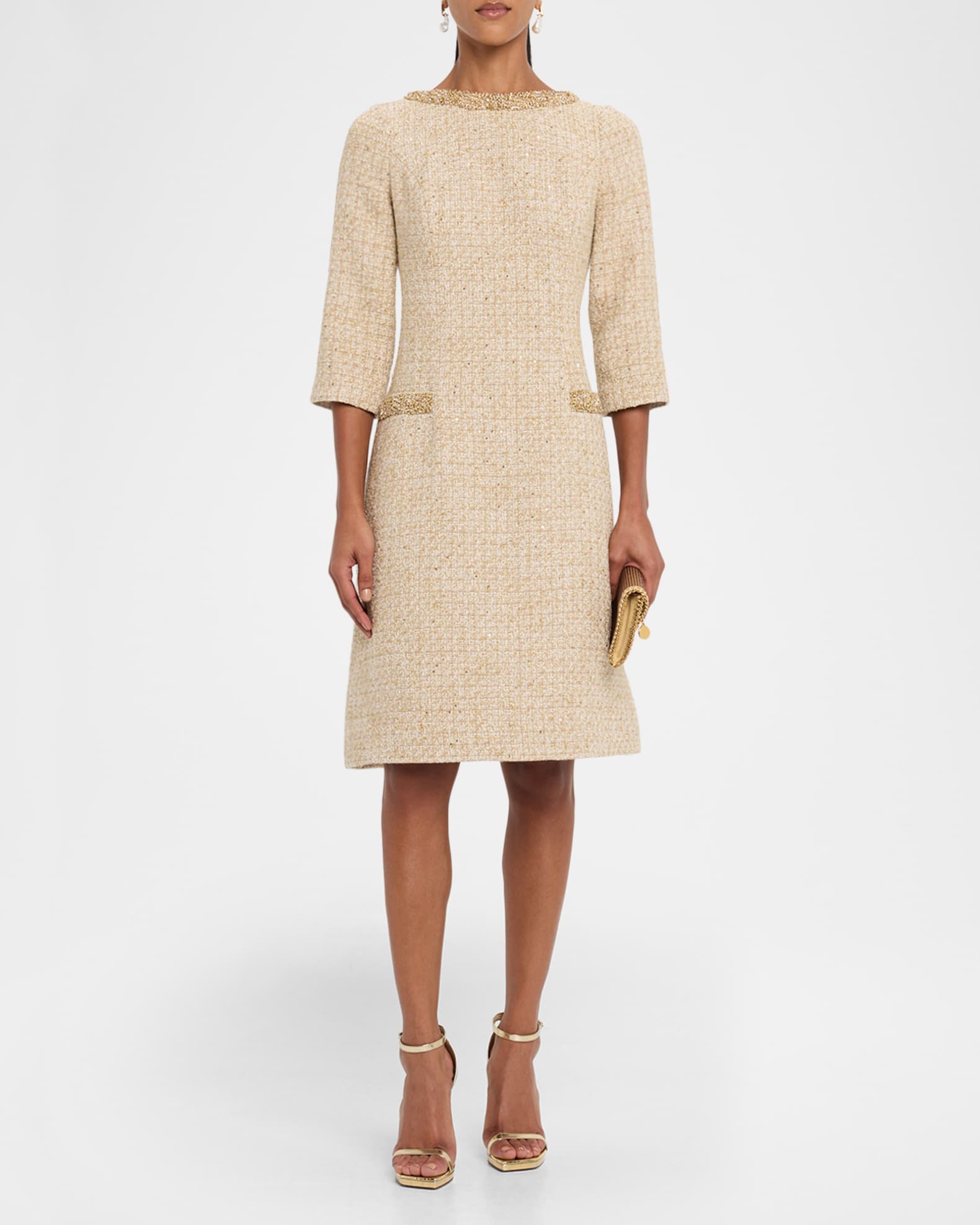 Rickie Freeman for Teri Jon Metallic Boucle Jewel-Trim A-Line Dress ...