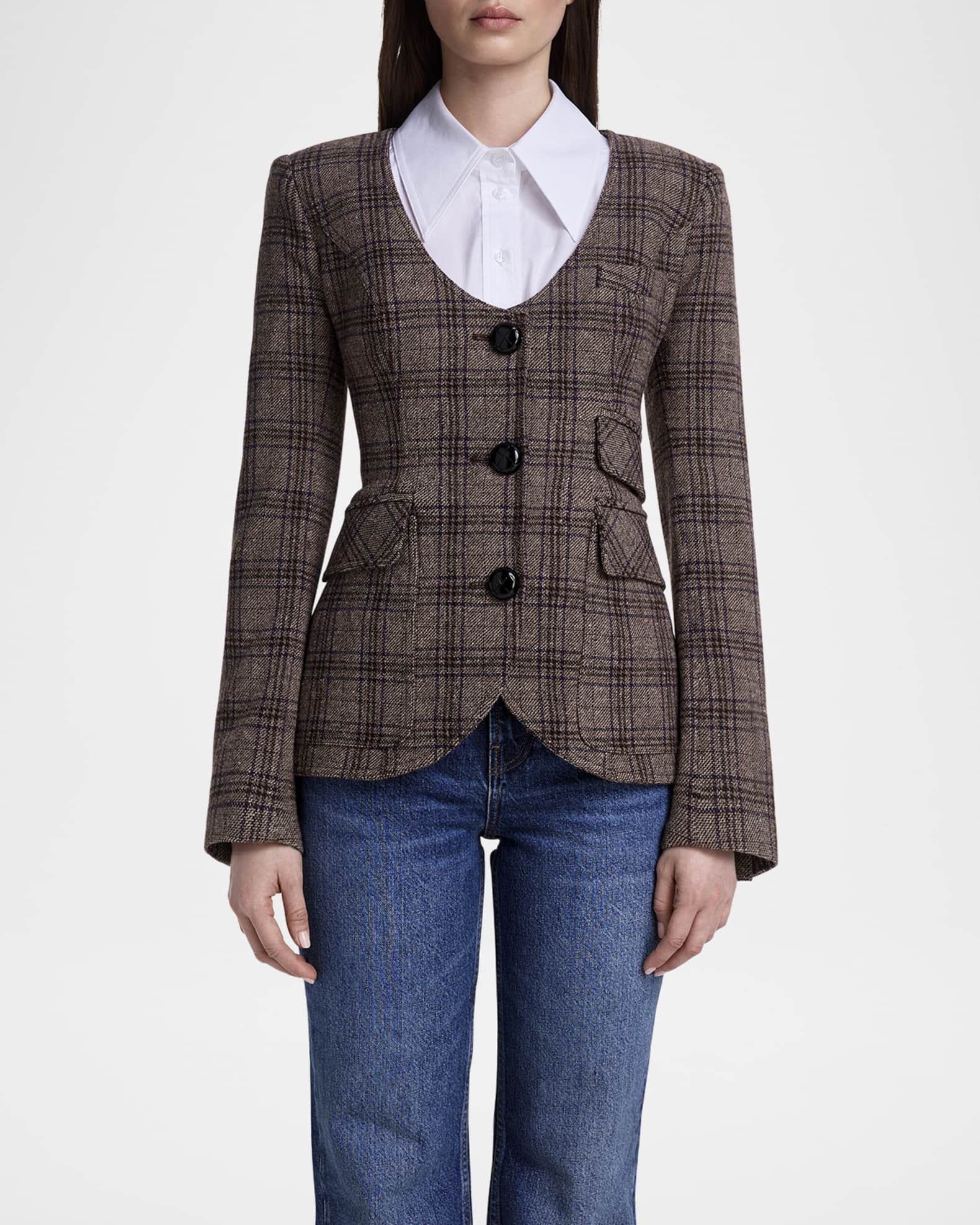 Smythe Plaid Tweed Portrait Neck Blazer | Neiman Marcus