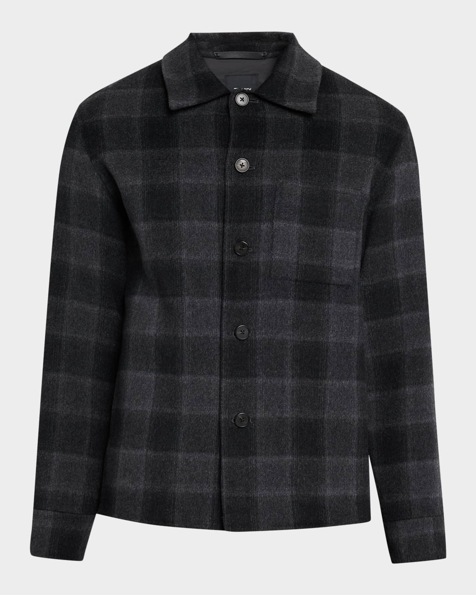 Theory Men's Double-Face Wool Check Overshirt with Pocket | Neiman Marcus