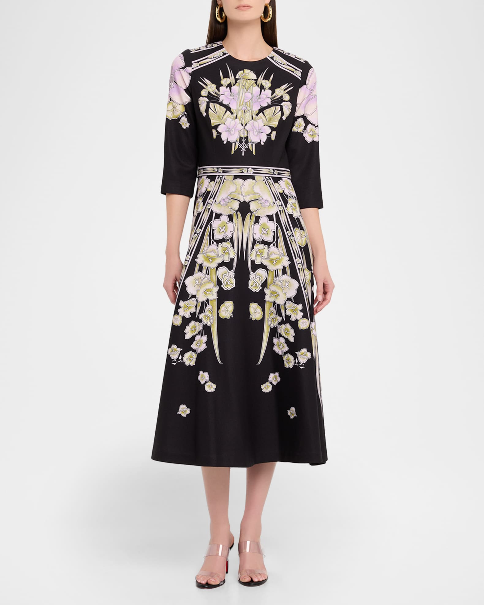 Rickie Freeman for Teri Jon Floral-Print Crepe Midi Dress | Neiman Marcus