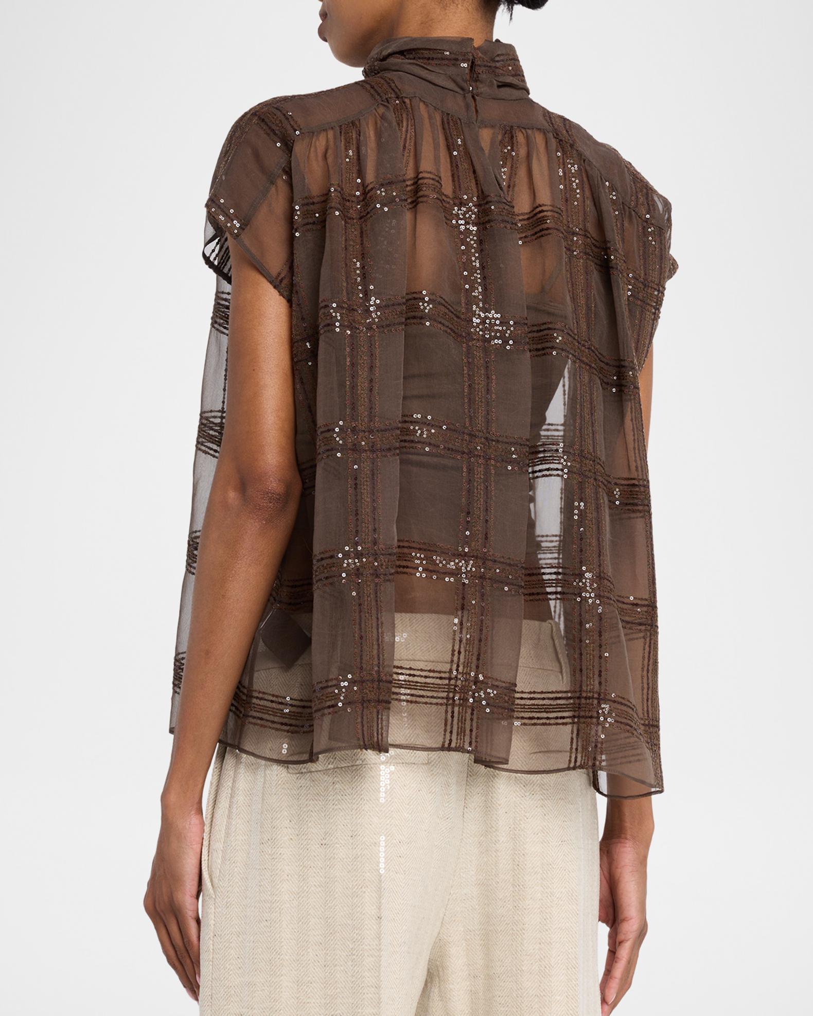 Brunello Cucinelli Prince Of Wales Paillette Crispy Silk Chiffon Blouse ...