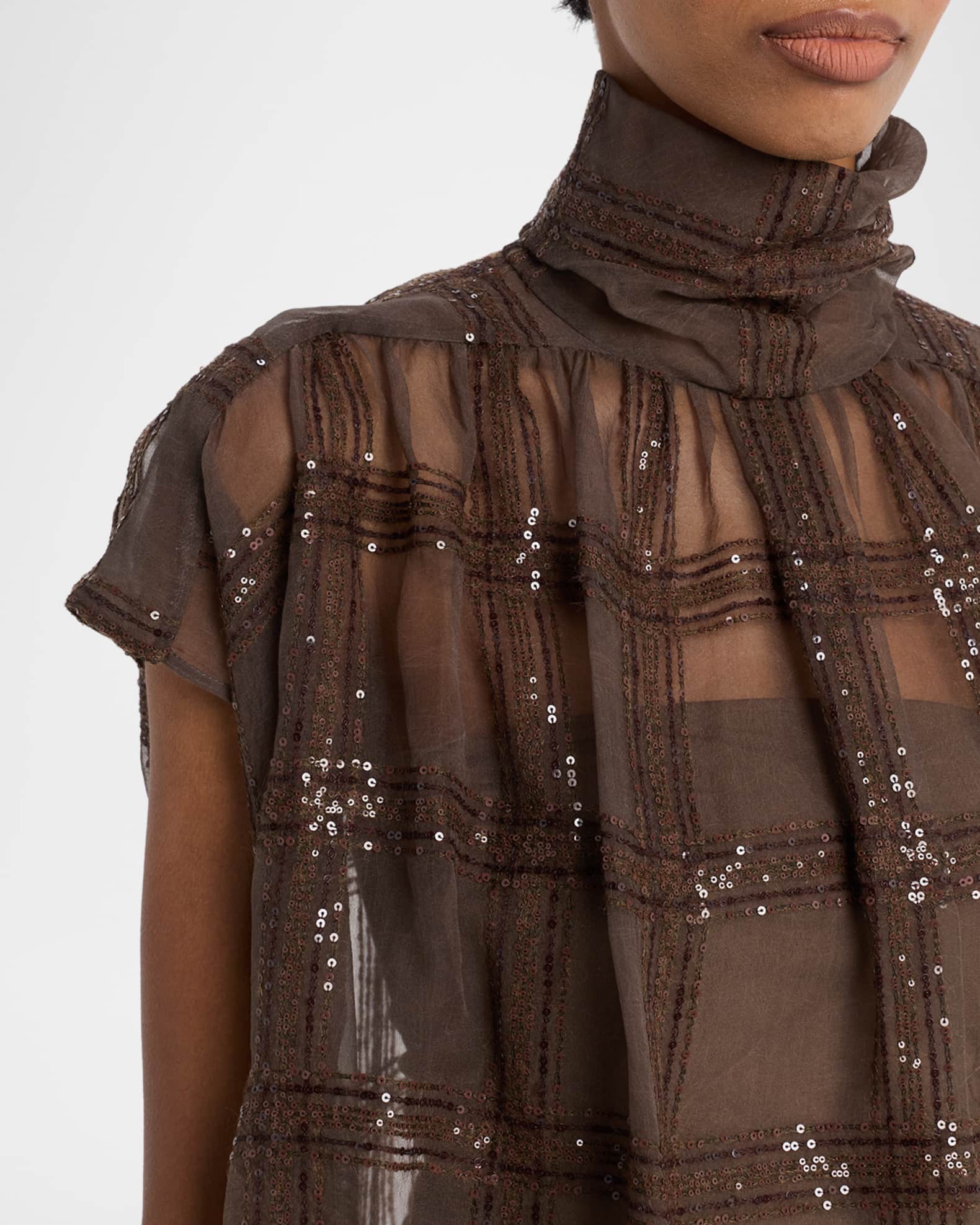 Brunello Cucinelli Prince Of Wales Paillette Crispy Silk Chiffon Blouse ...