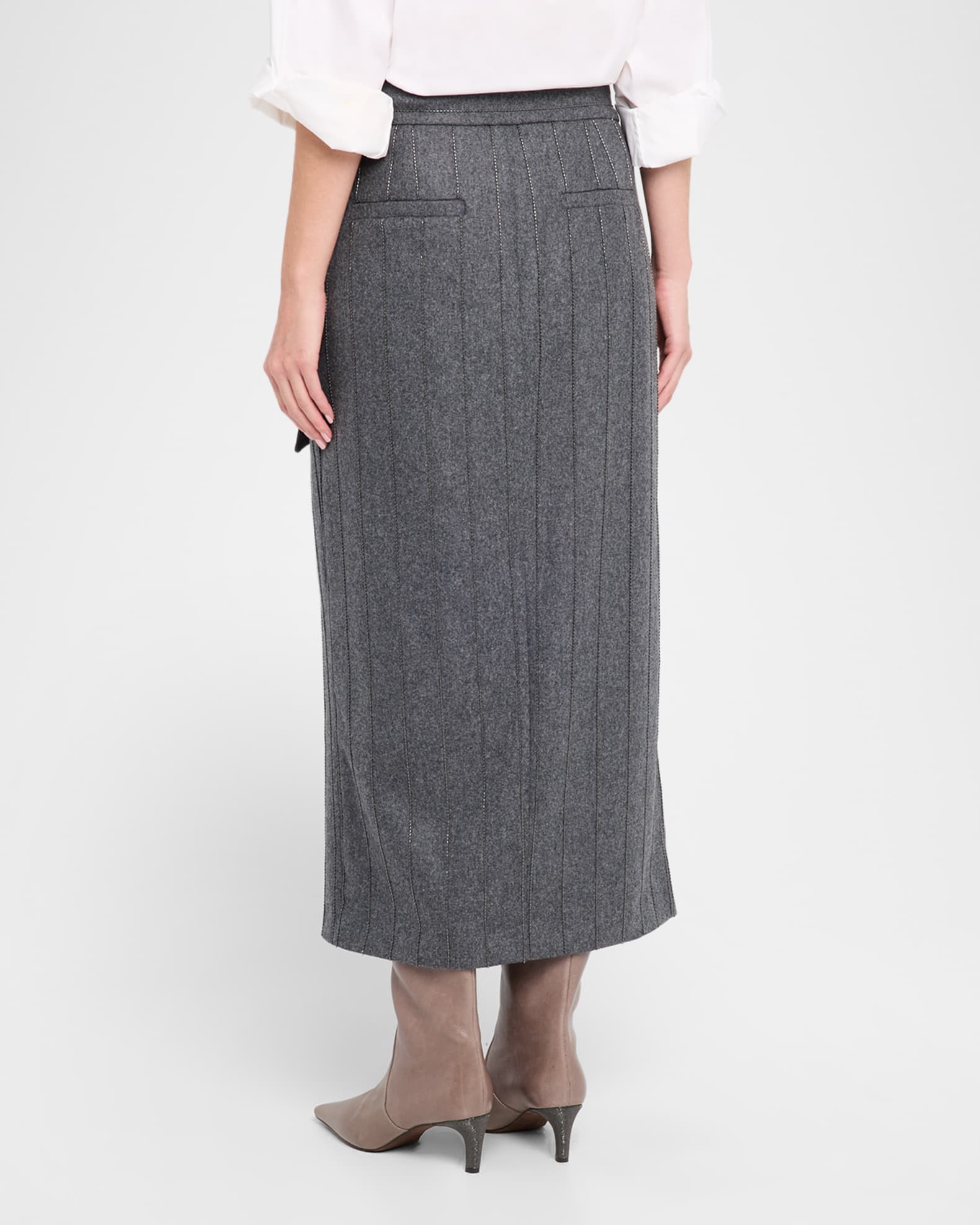 Brunello Cucinelli Monili Pinstripe Wool Flannel Wrap Midi Skirt ...