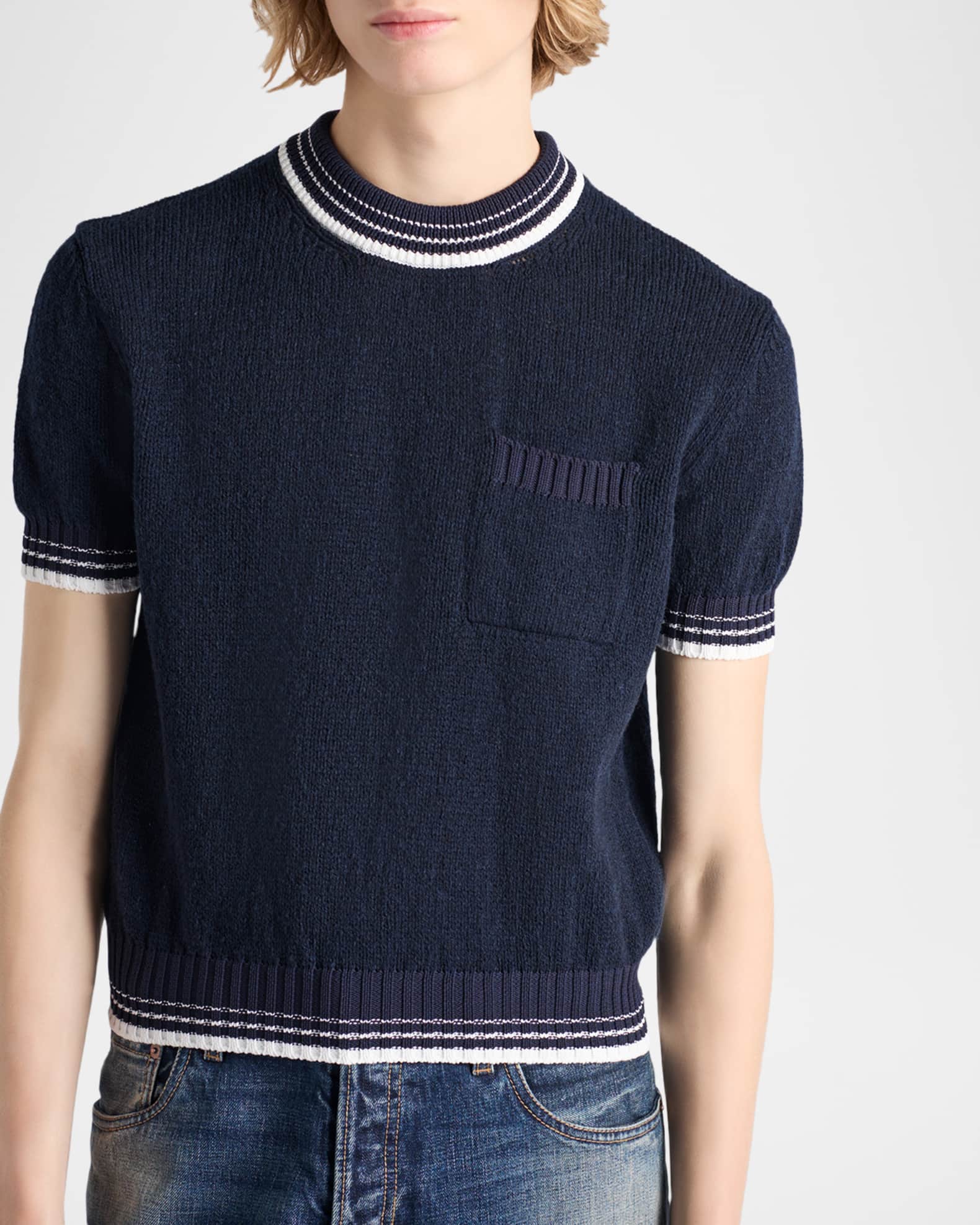 Prada Shetland Wool Short-Sleeve Crewneck Sweater | Neiman Marcus