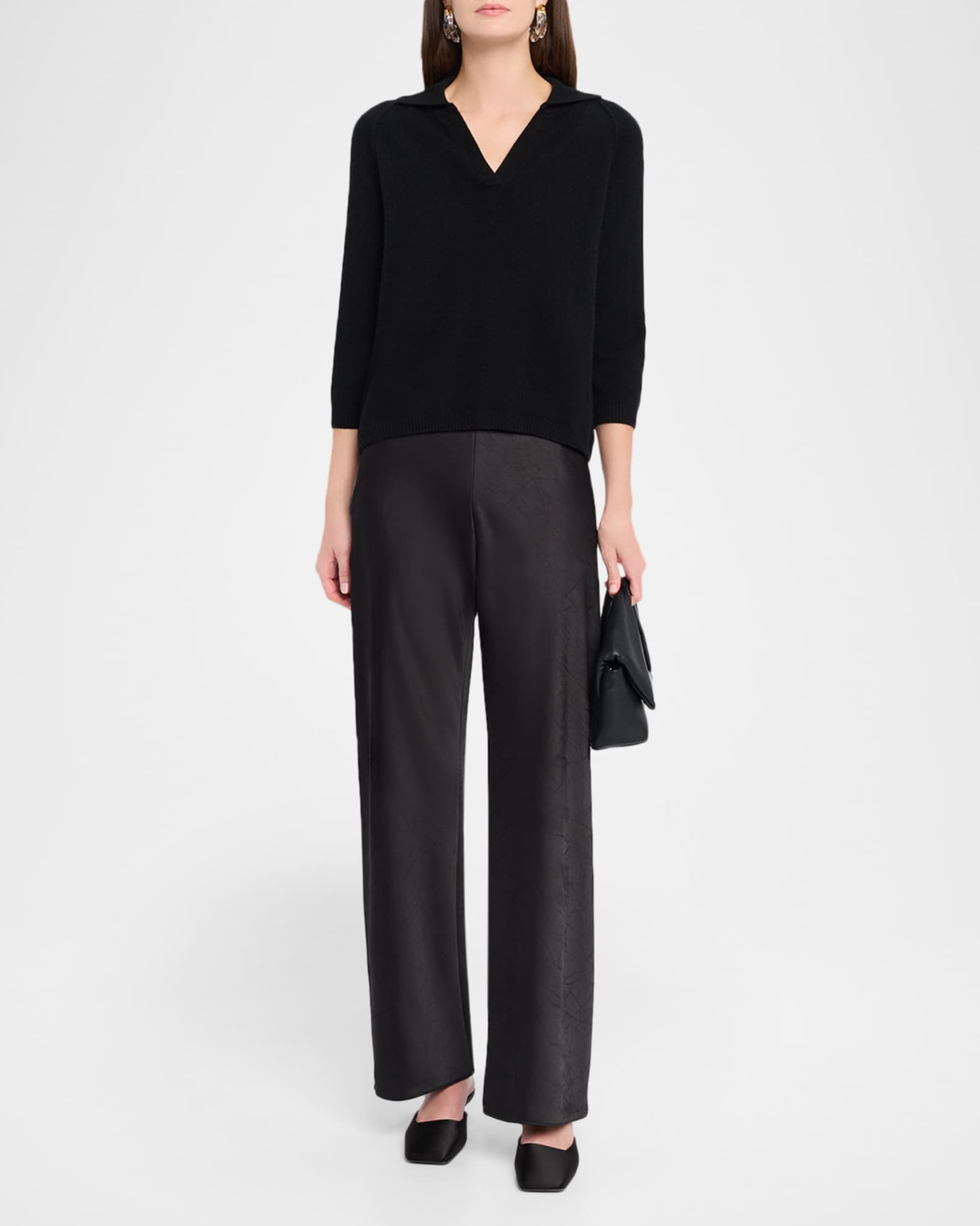 TSE Cashmere Cashmere 3/4-Sleeve Polo Sweater | Neiman Marcus