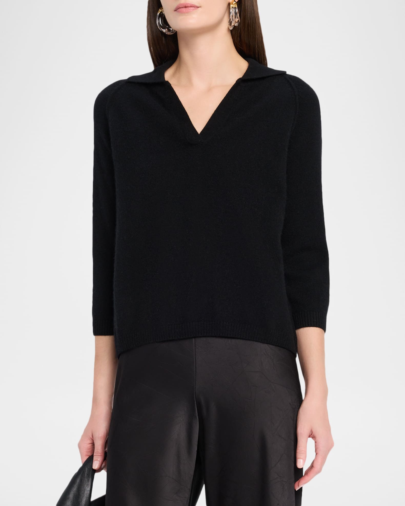 TSE Cashmere Cashmere 3/4-Sleeve Polo Sweater | Neiman Marcus