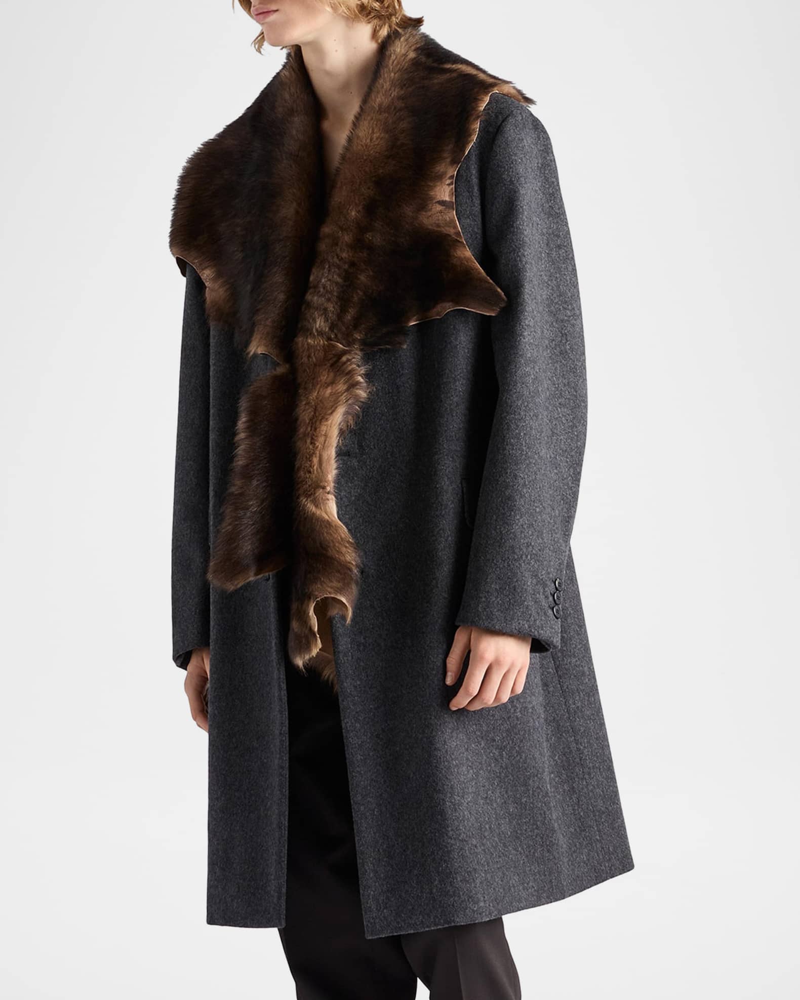 Prada Men's Sheep-Shearling Lapel Single-Breasted Wool Coat | Neiman Marcus