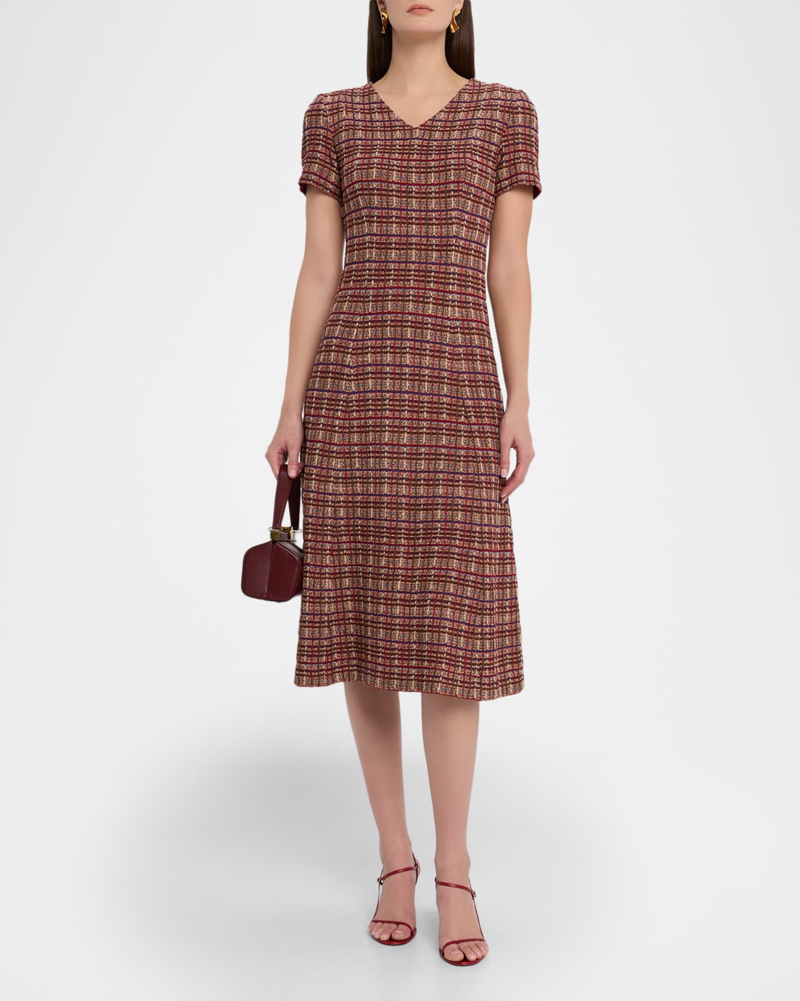 Misook A-Line Plaid Multi-Stitch Knit Midi Dress | Neiman Marcus