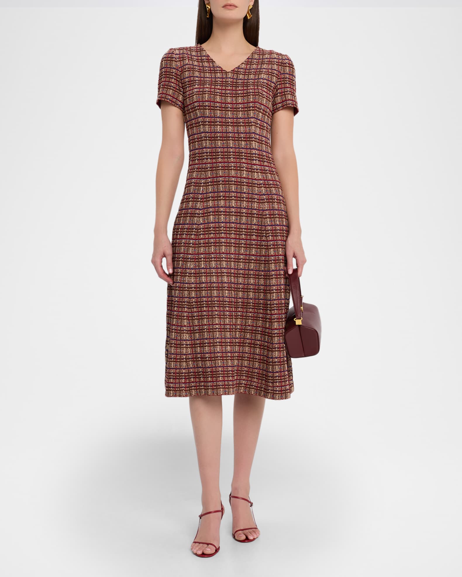Misook A-Line Plaid Multi-Stitch Knit Midi Dress | Neiman Marcus