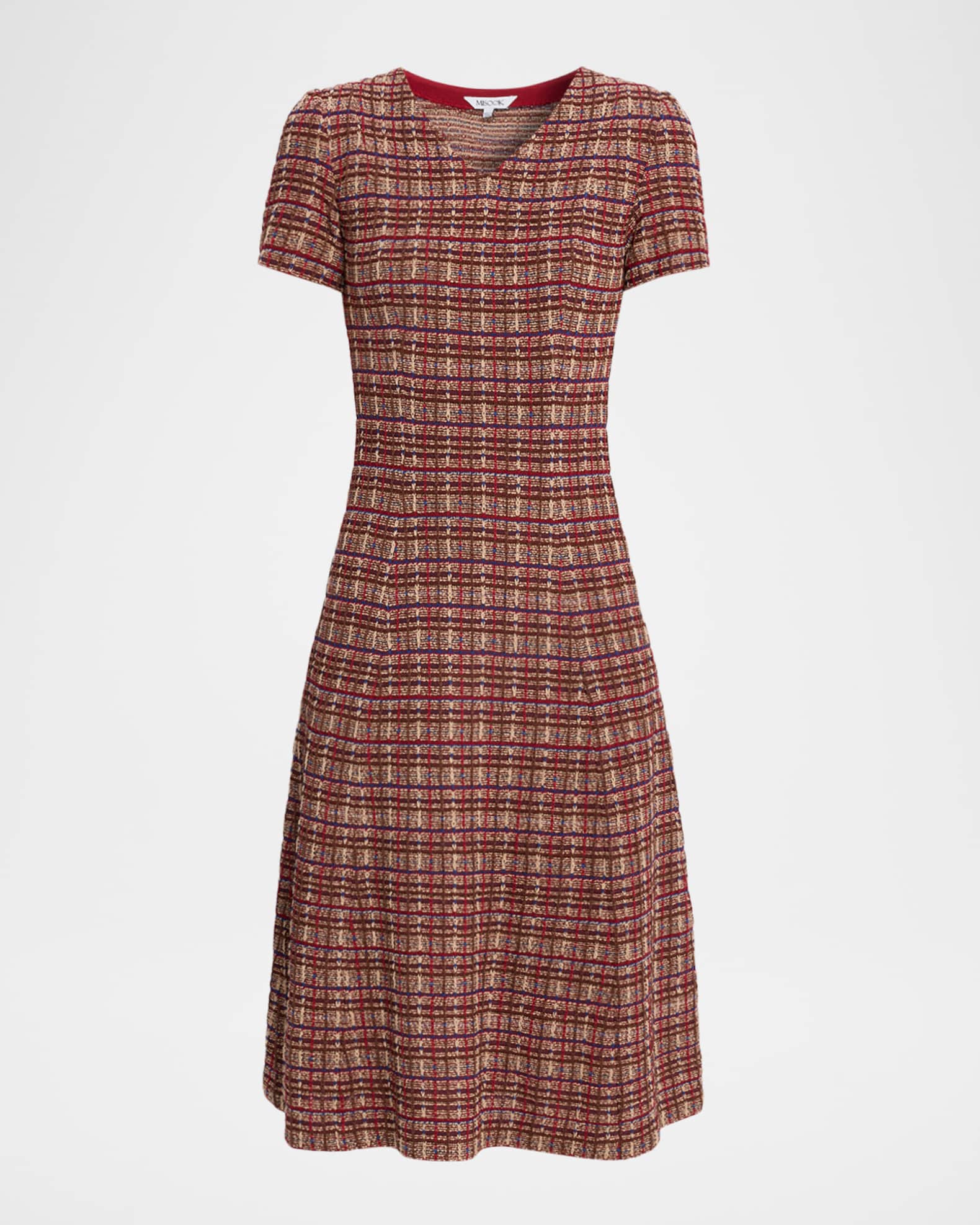 Misook A-Line Plaid Multi-Stitch Knit Midi Dress | Neiman Marcus