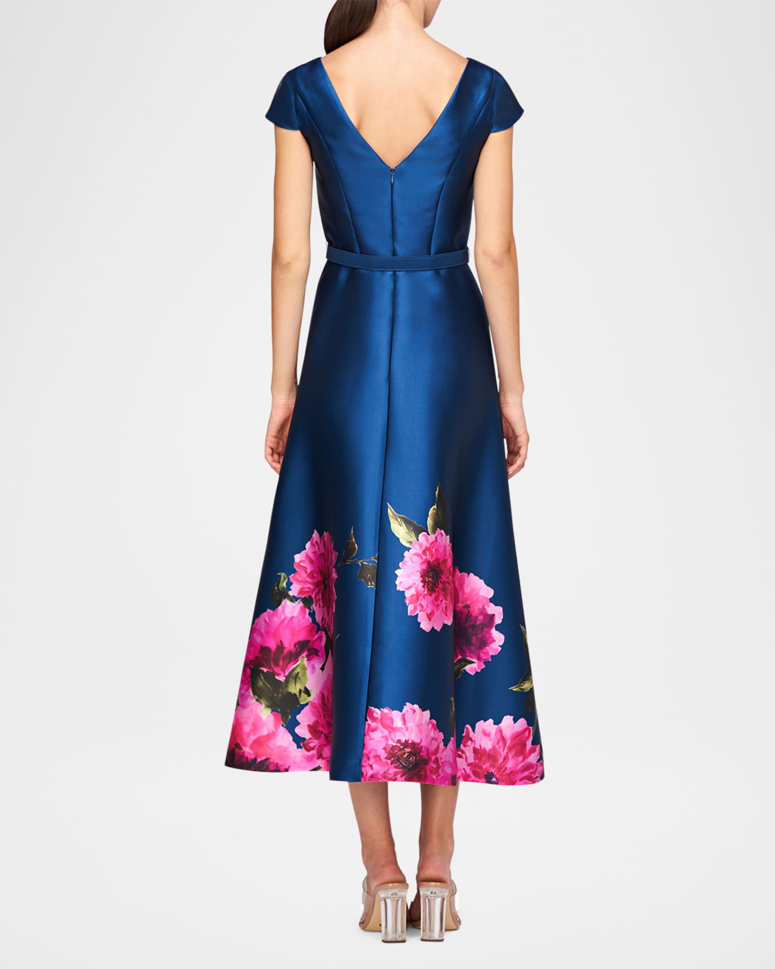 Kay Unger New York Ina Belted Tea-Length Floral Mikado Dress | Neiman ...