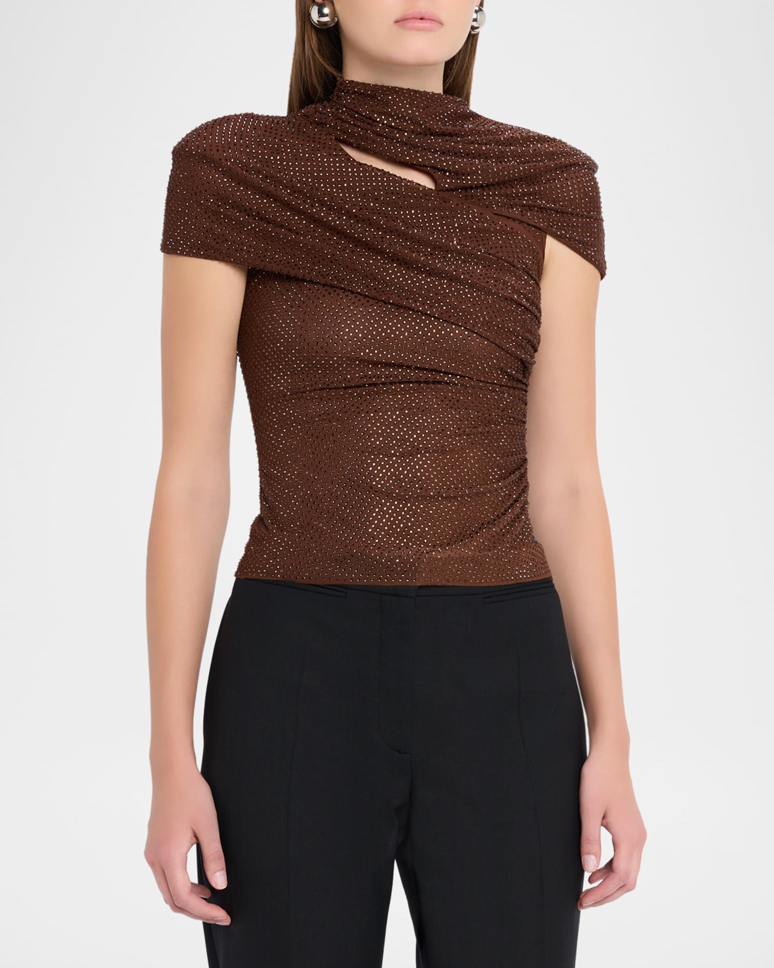 Self-Portrait Rhinestone Cutout Mesh Top | Neiman Marcus