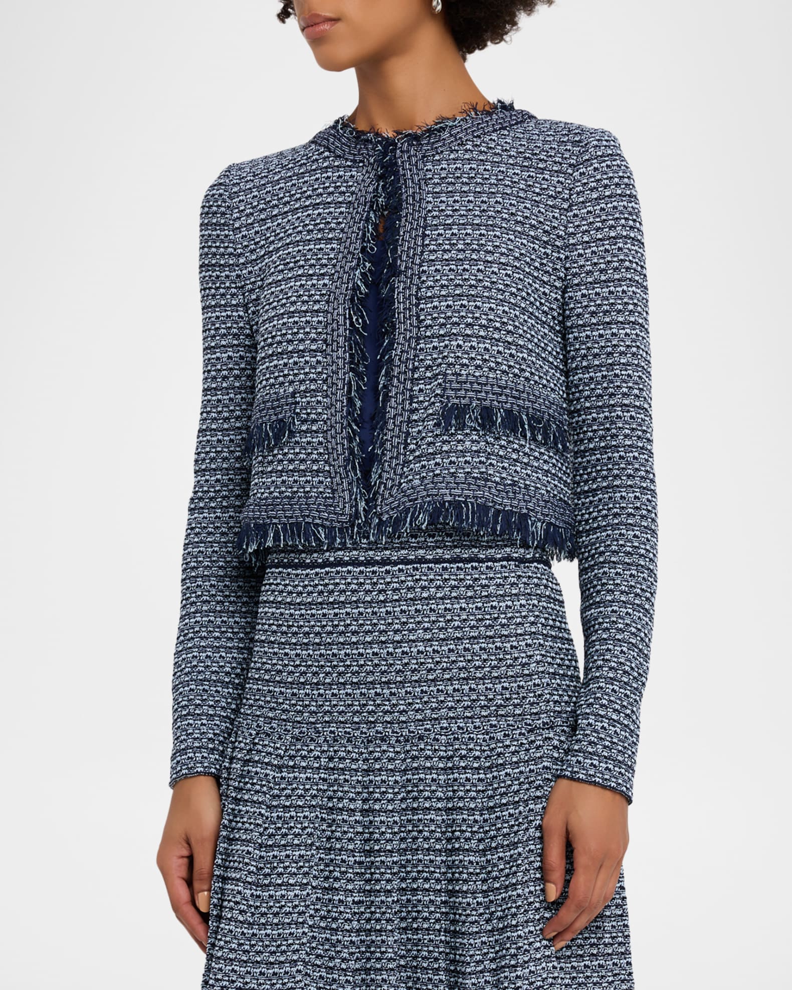Misook x Lani Lynn Fringe-Trim Cropped Tweed Jacket | Neiman Marcus